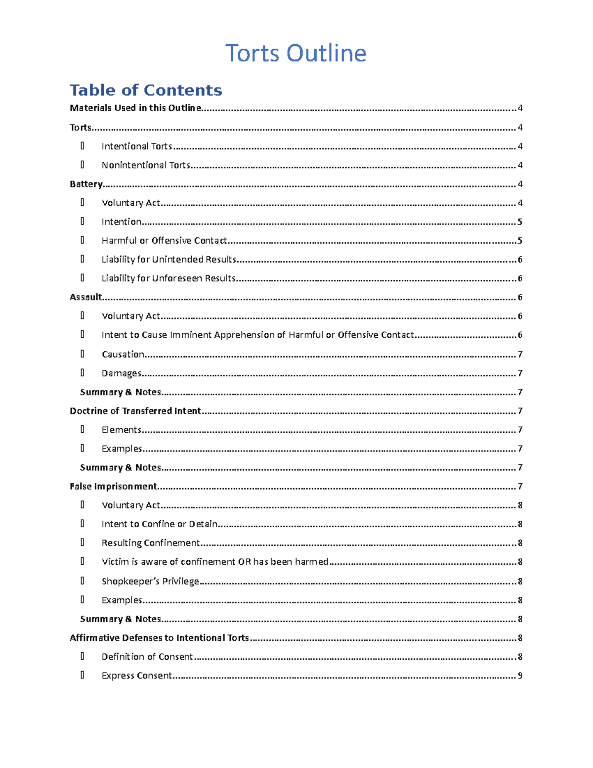 Torts Outline - Torts Outline Materials Used in this - Studocu