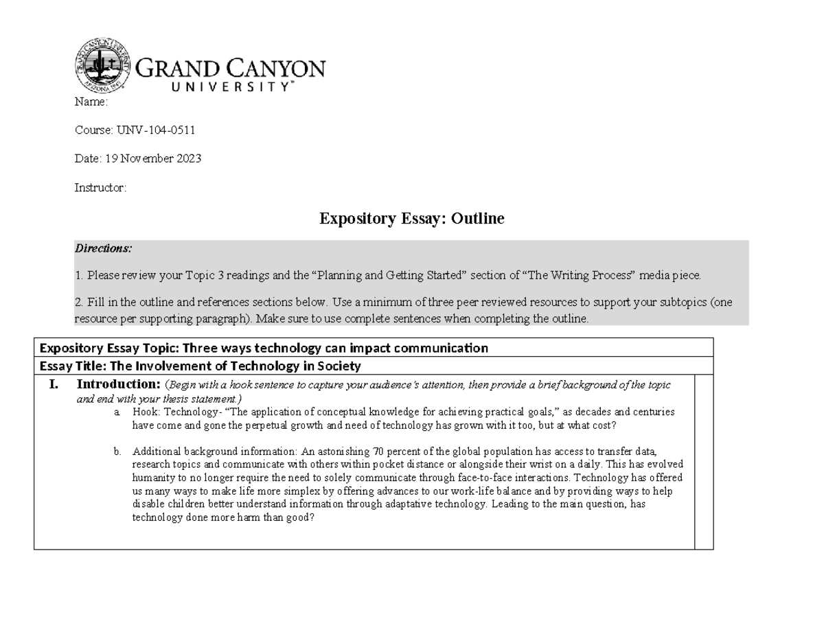 UNV-104-RS-T3-Expository Essay Outline (1) - Name: Course: UNV-104 ...