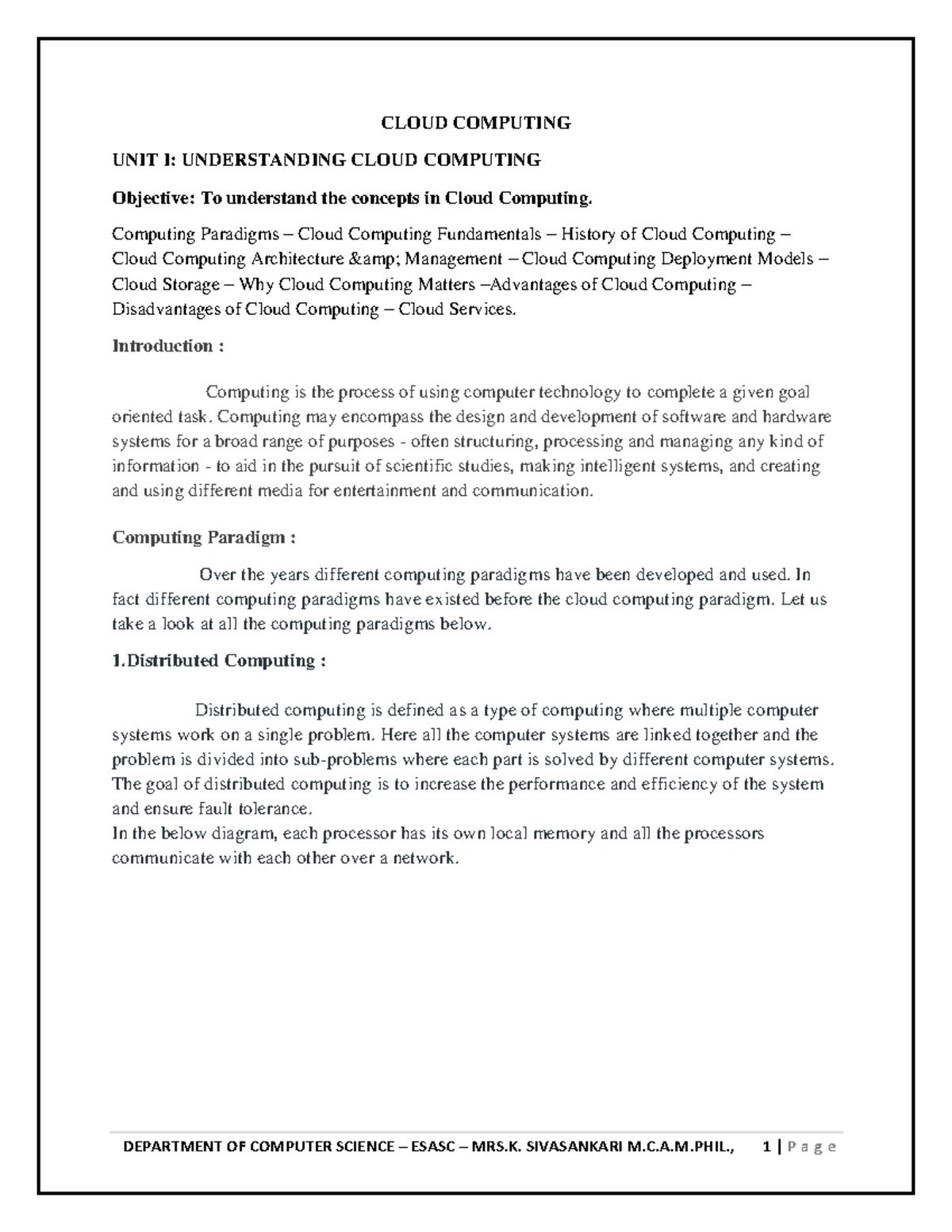 Cc u1 - Bsc cs notes - CLOUD COMPUTING UNIT I: UNDERSTANDING CLOUD ...