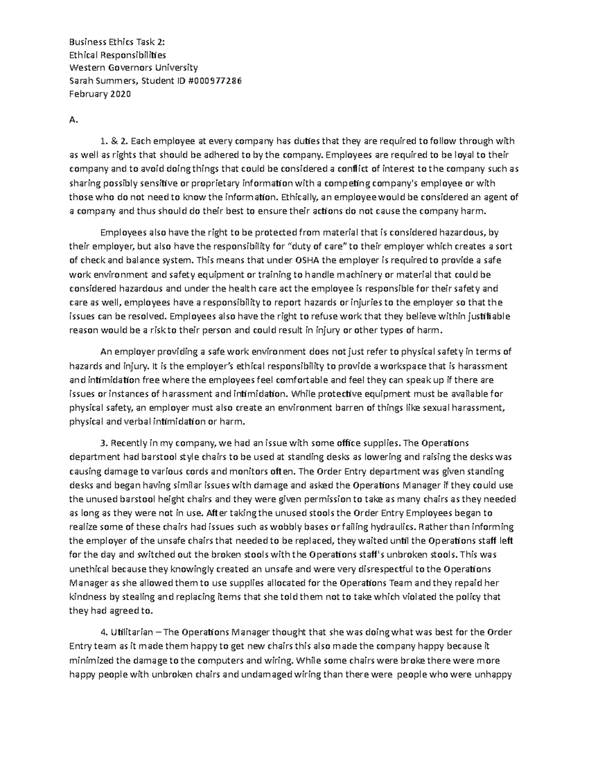 Ethics assignment task 2 Passing - Business Ethics Task 2: Ethical ...