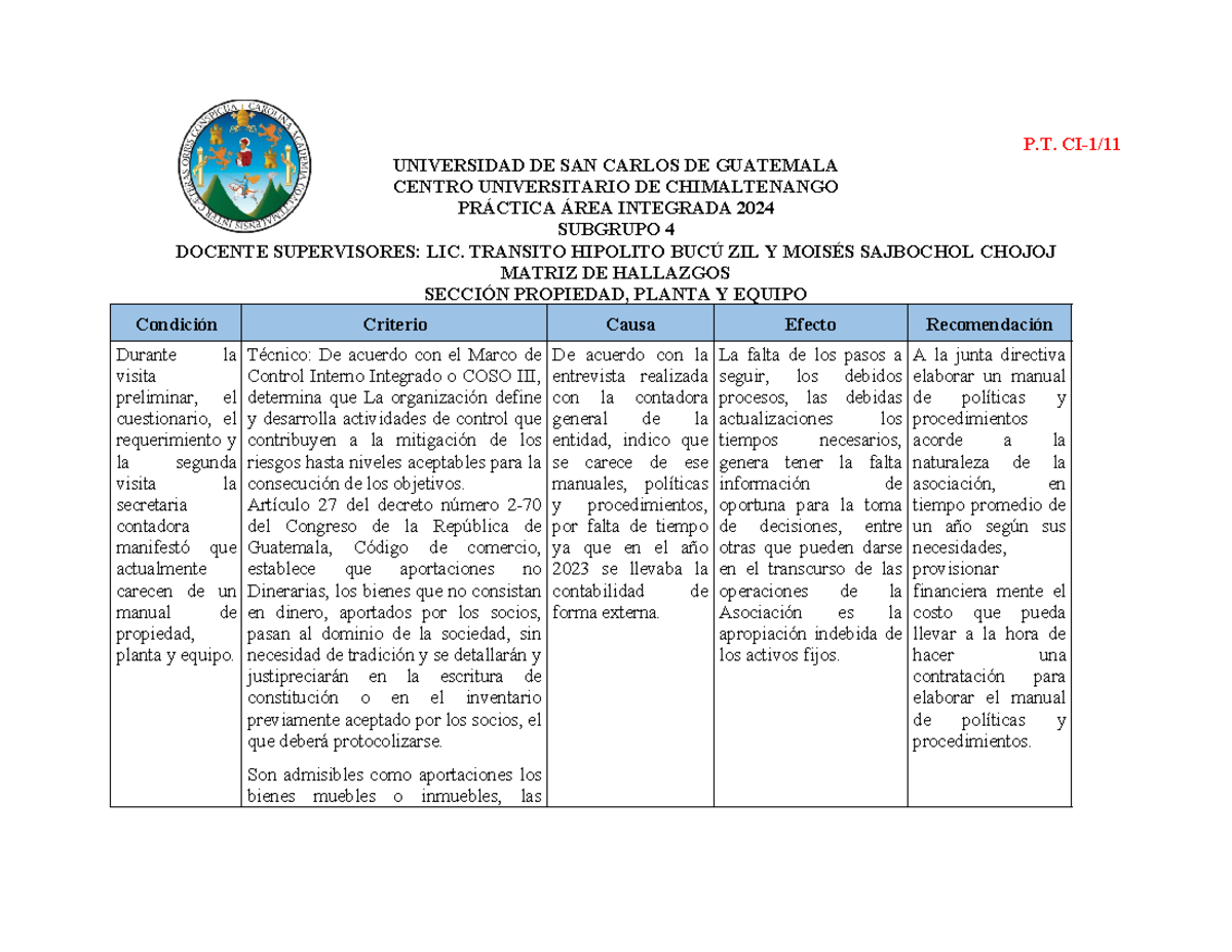 Matriz DE Hallazgos - Información general de la entidad, para su debido ...