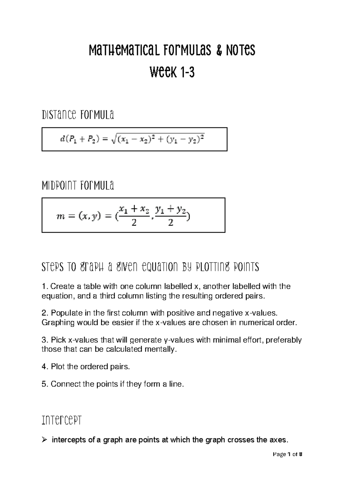 Mathematical Formula Sheet - Mathematical Formulas & Notes Week 1- 3 ...
