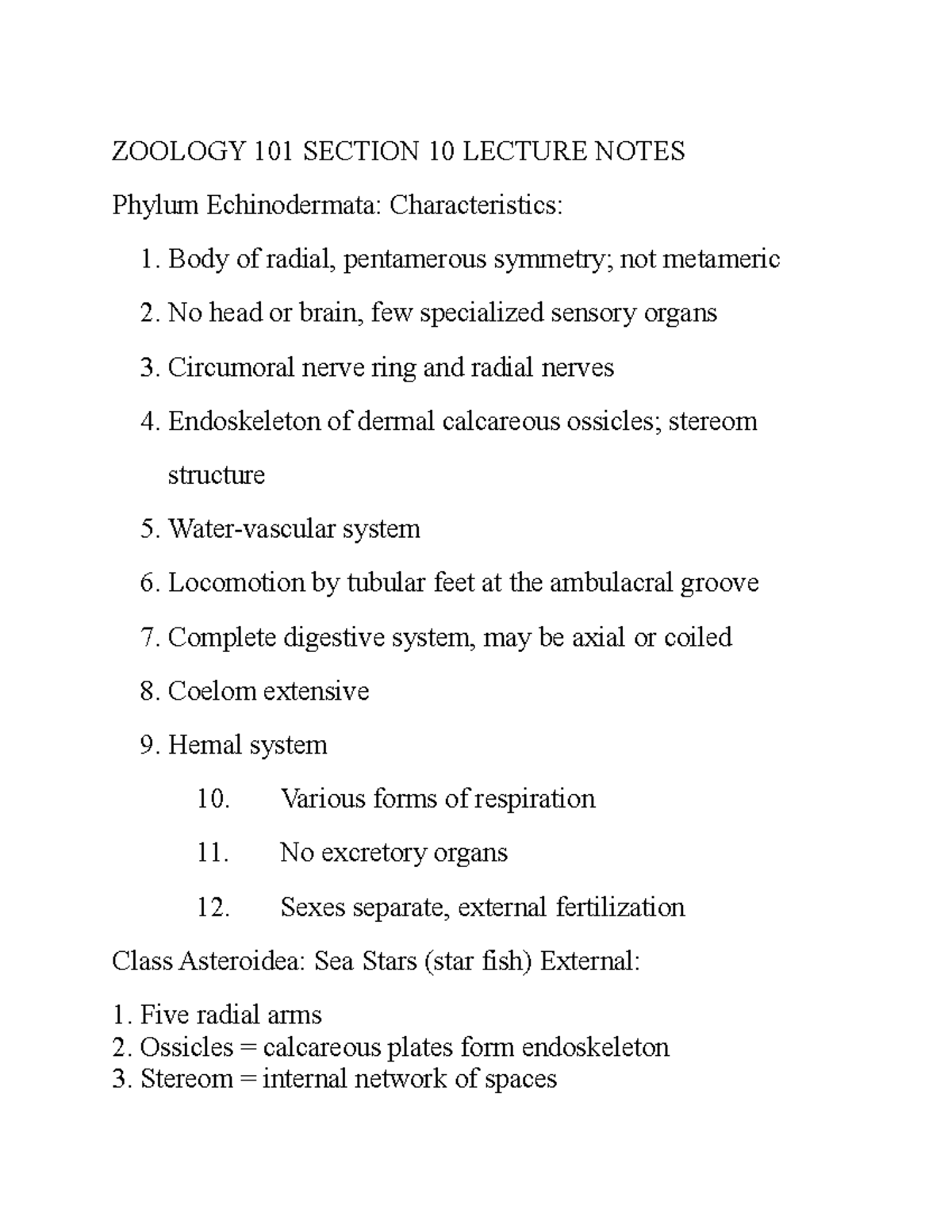 Zoology Lecture Notes - ZOOLOGY 101 SECTION 10 LECTURE NOTES Phylum ...
