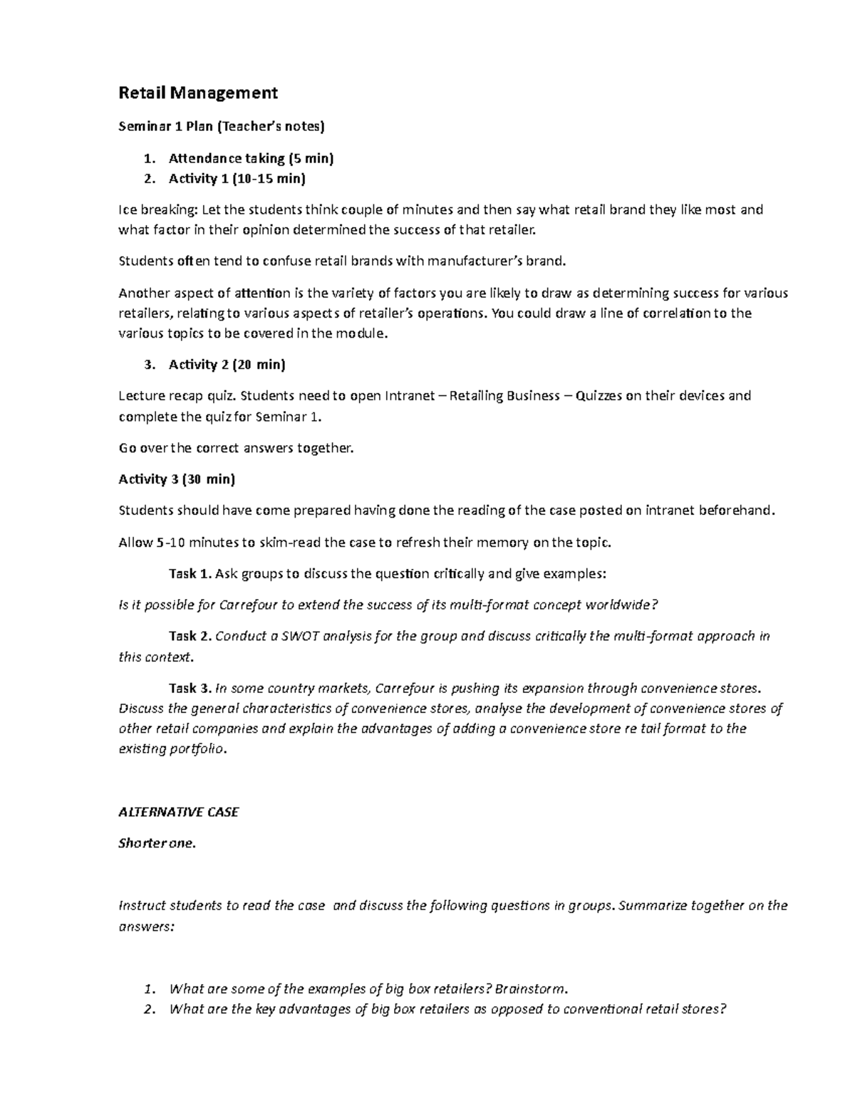Seminar 1 - Retail Management Seminar 1 Plan (Teacher’s notes ...