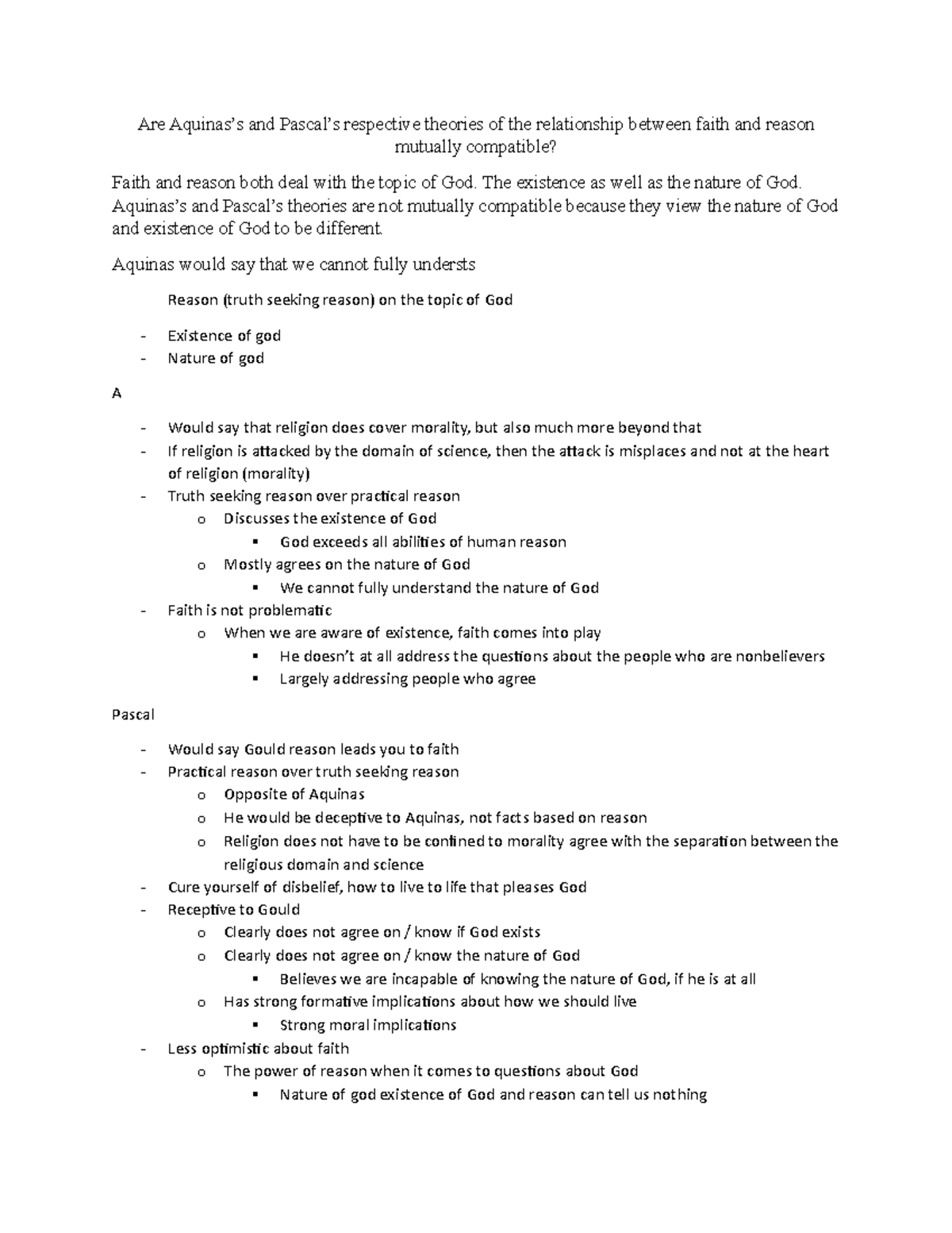 Faith and Reason Exam 1 Paper - Are Aquinas’s and Pascal’s respective ...