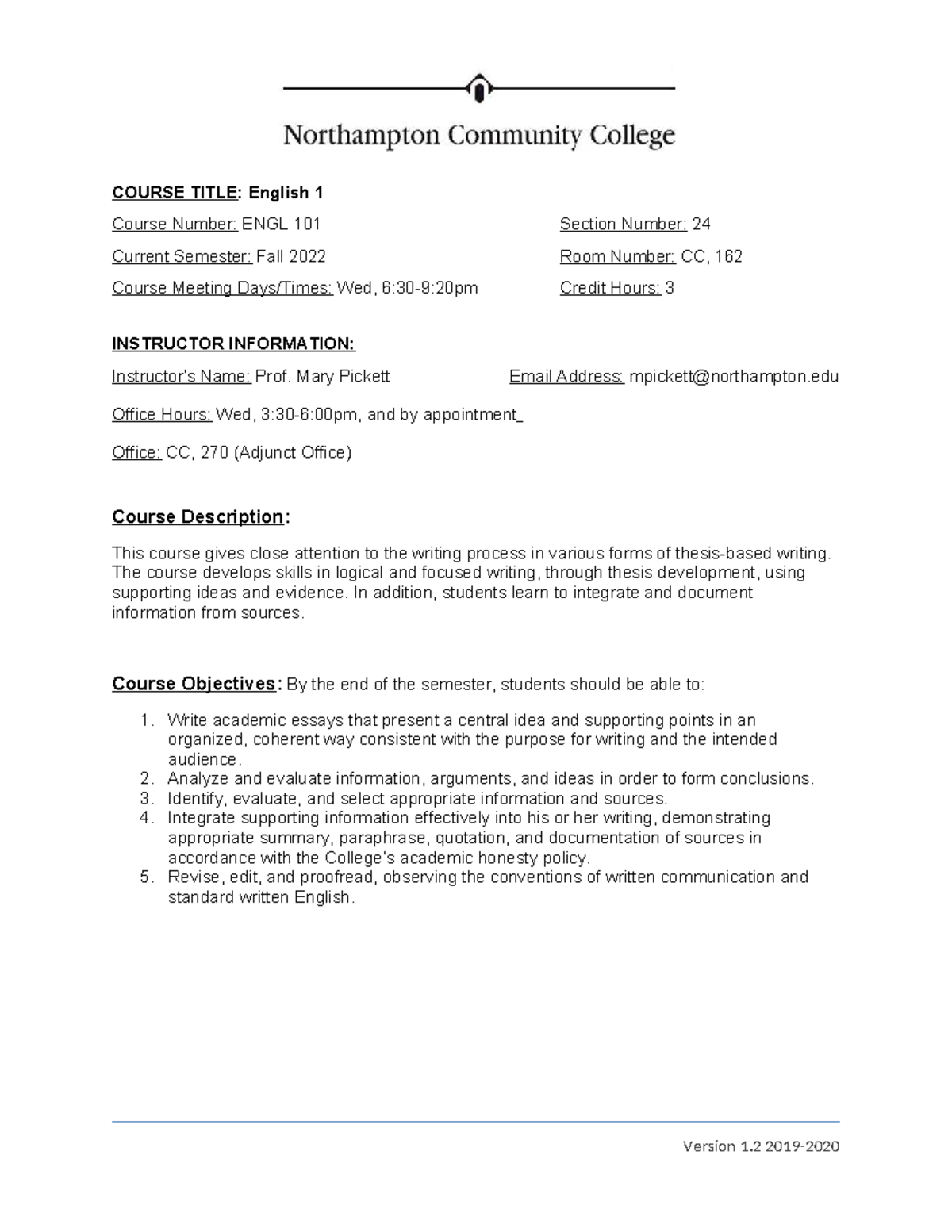 W ENGL 101 Syllabus - N/A - COURSE TITLE: English 1 Course Number: ENGL ...