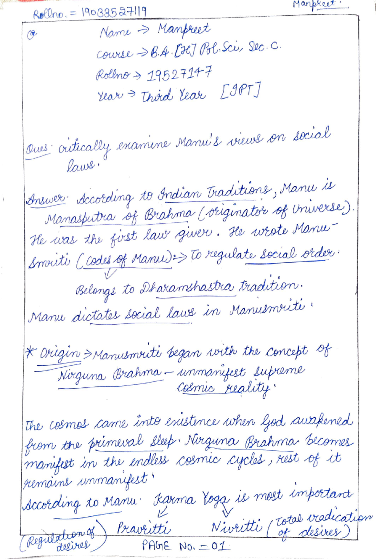 Social laws of manu,Manpreet 23 Aug 2021 - Political science - Delhi ...