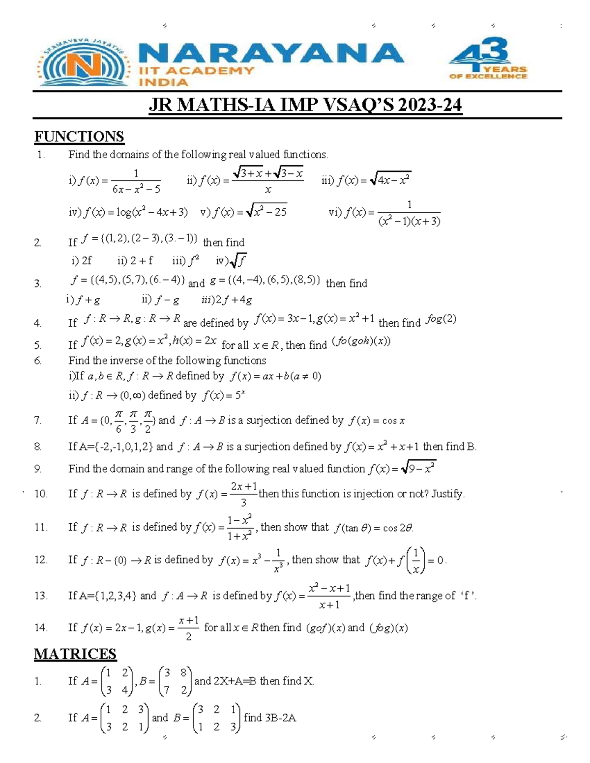 JR Maths-IA IMP VSAQ'S 2023-24 - JR MATHS-IA IMP VSAQ’S 2023- FUNCTIONS Find the domains of the ...