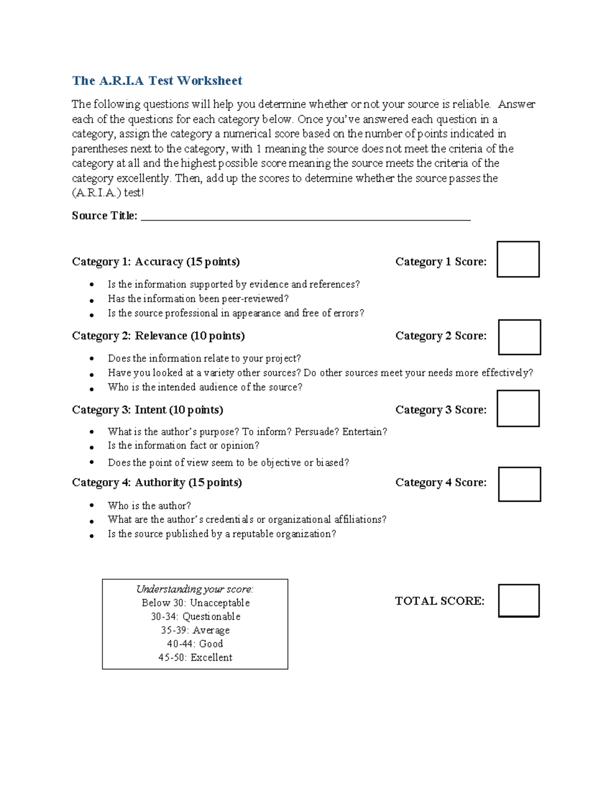 ARIA Test Worksheet - The A.R.I Test Worksheet The following questions ...