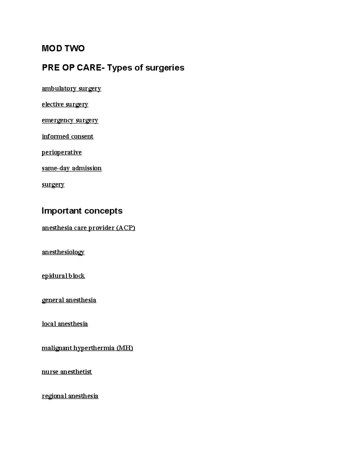 med surg lecture notes 1-3 - MOD TWO PRE OP CARE- Types of surgeries ...