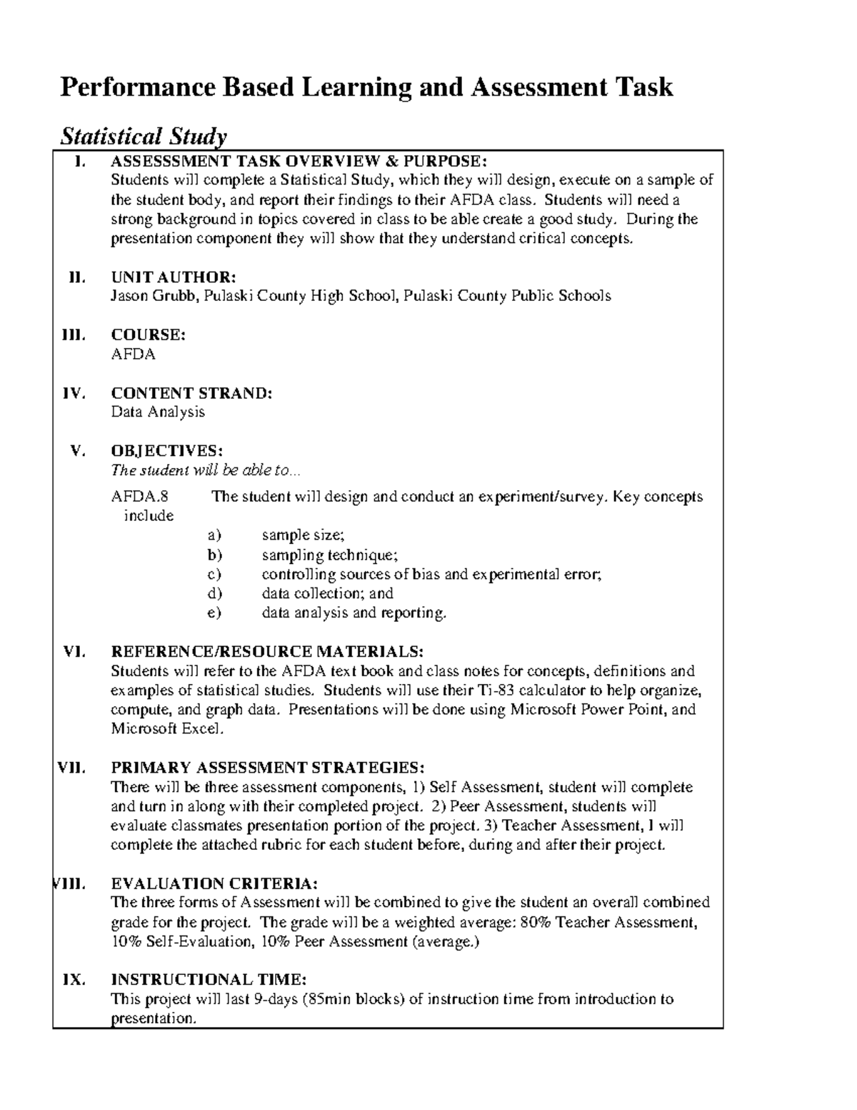 Jason Grubb - Statistical Study - Performance Based Learning and ...