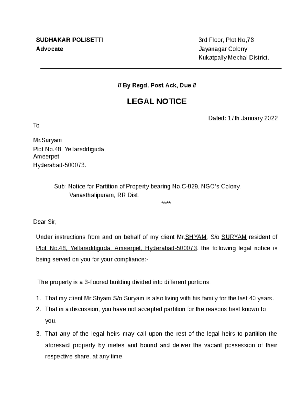 Advocate Notice - Lecture notes - SUDHAKAR POLISETTI 3rd Floor, Plot No ...