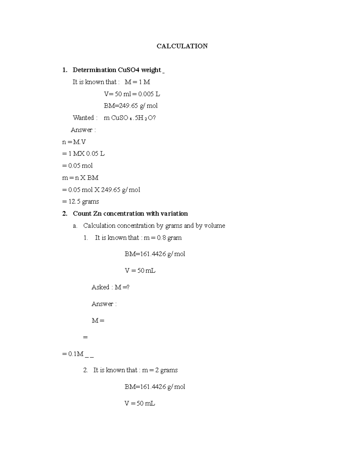 Determination Cu SO4 weight - CALCULATION Determination CuSO4 weight ...