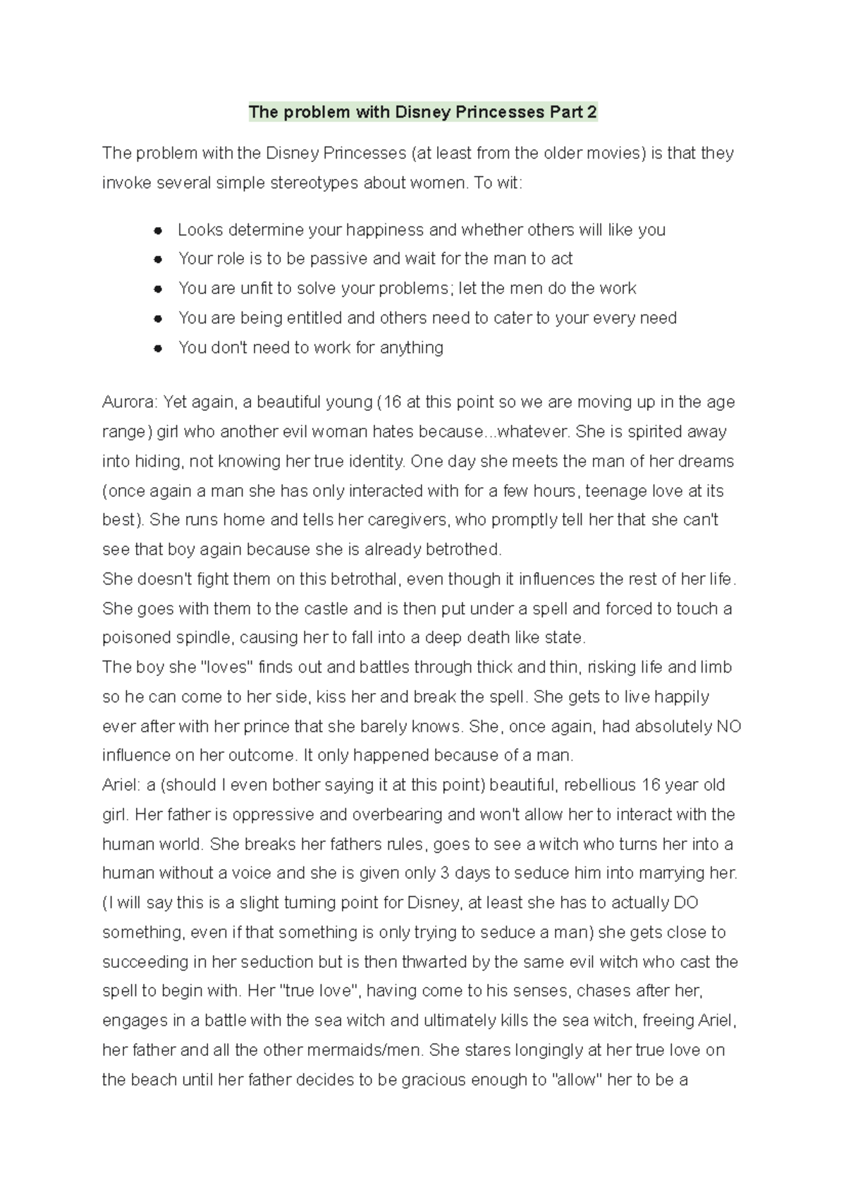 The problem with Disney Princess part 2 - To wit: Looks determine your ...