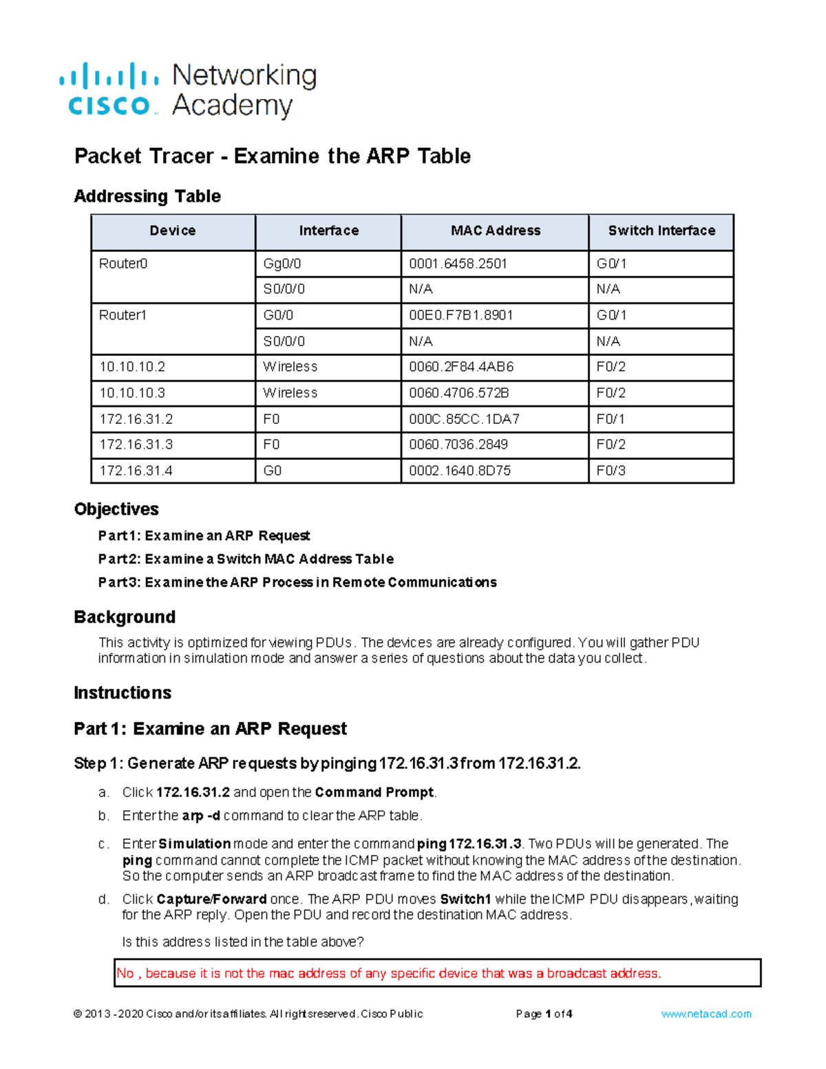9.2.9 Packet Tracer - Examine the ARP Table - Addressing Table Device Interface MAC Address ...