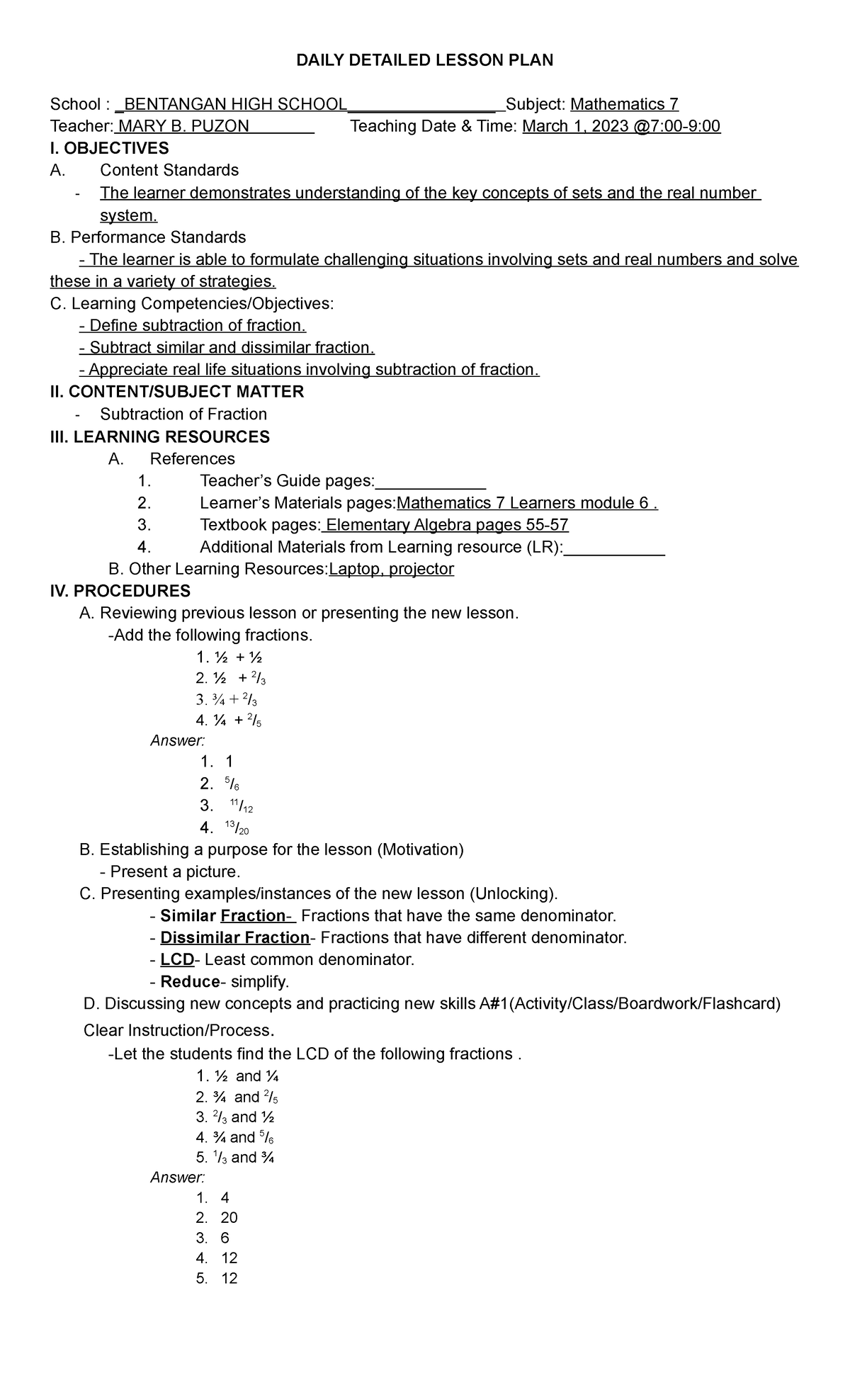 Math 7 DDLP demo 03-1-2023 - DAILY DETAILED LESSON PLAN School ...