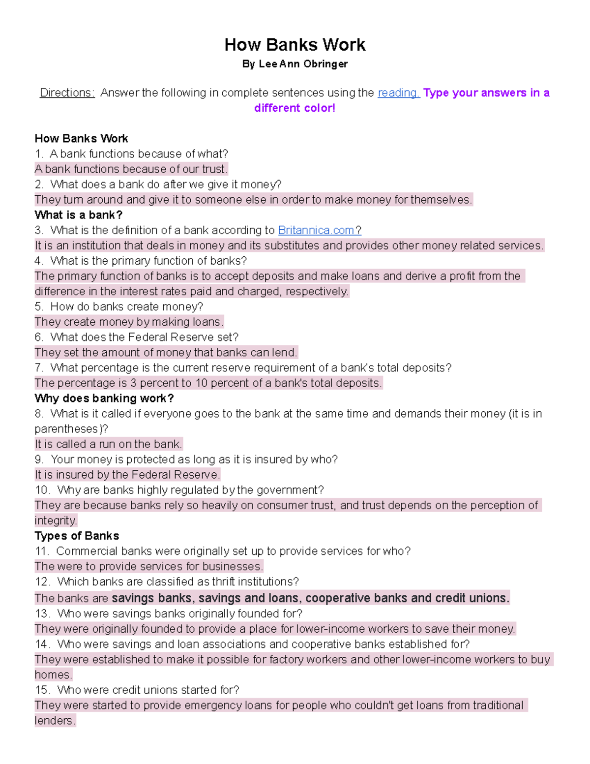 Copy of Miller - Banking Reading Questions - How Banks Work By Lee Ann ...