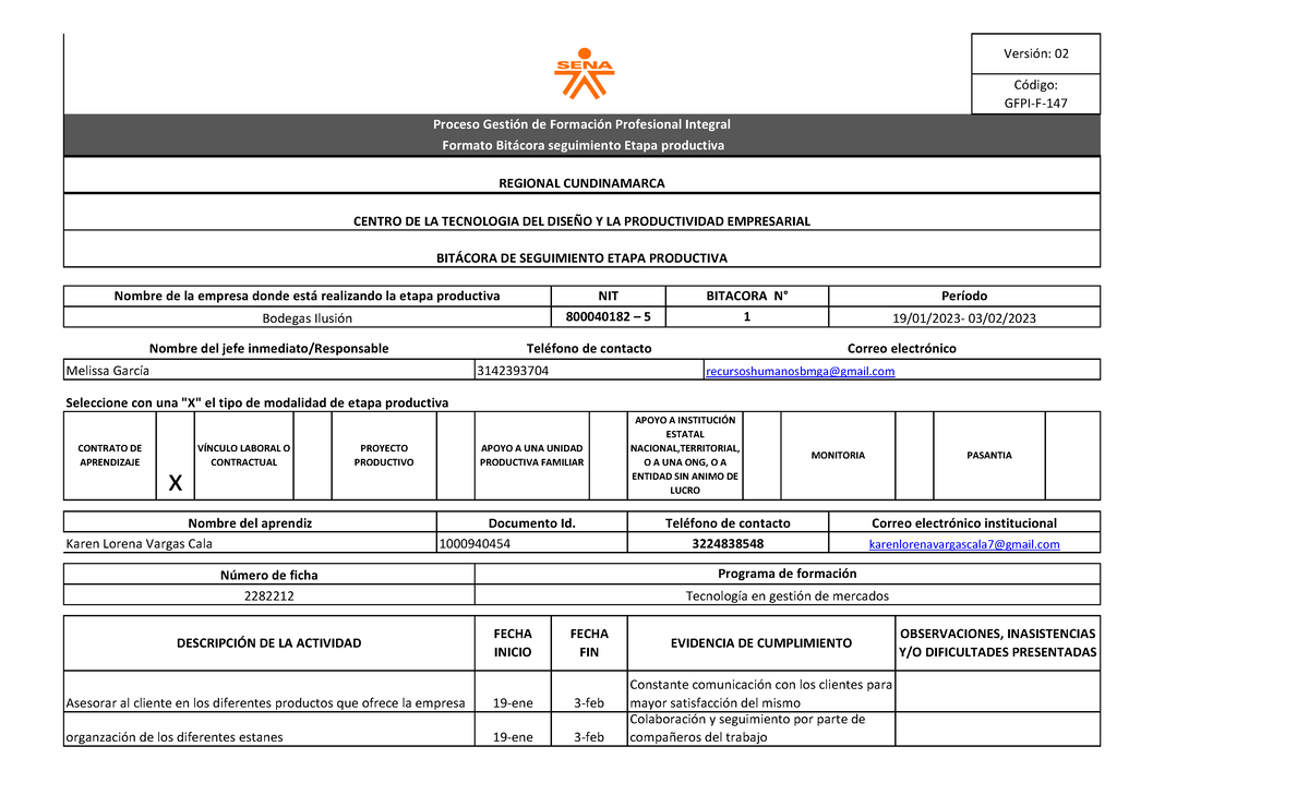 Bitacora 1 - ..- TelÈfono de contacto 3224838548 Correo electrÛnico institucional - Studocu