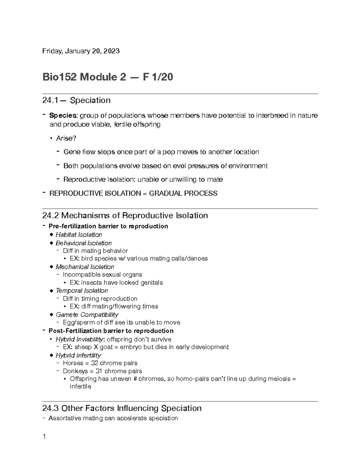 Bio152 Module 2 — Notes - Speciation and evolution - Friday, January 20 ...