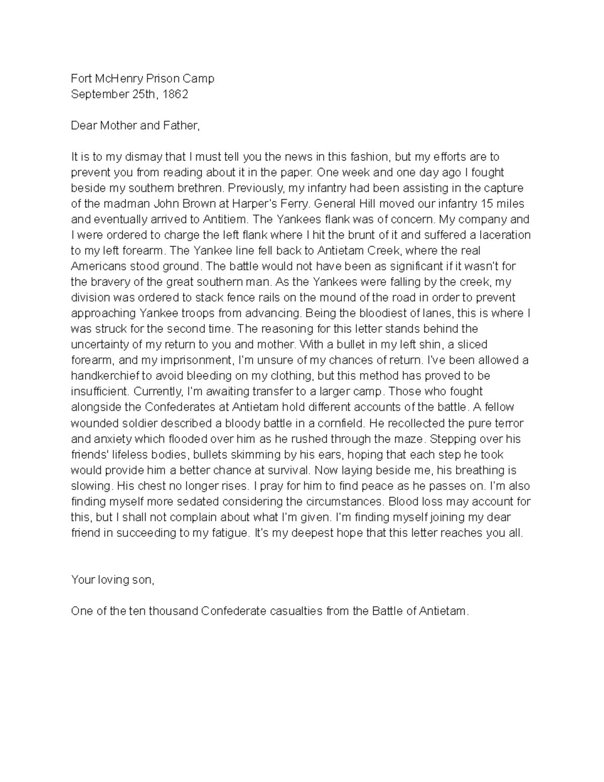 Antietam soldier letter - Fort McHenry Prison Camp September 25th, 1862 ...