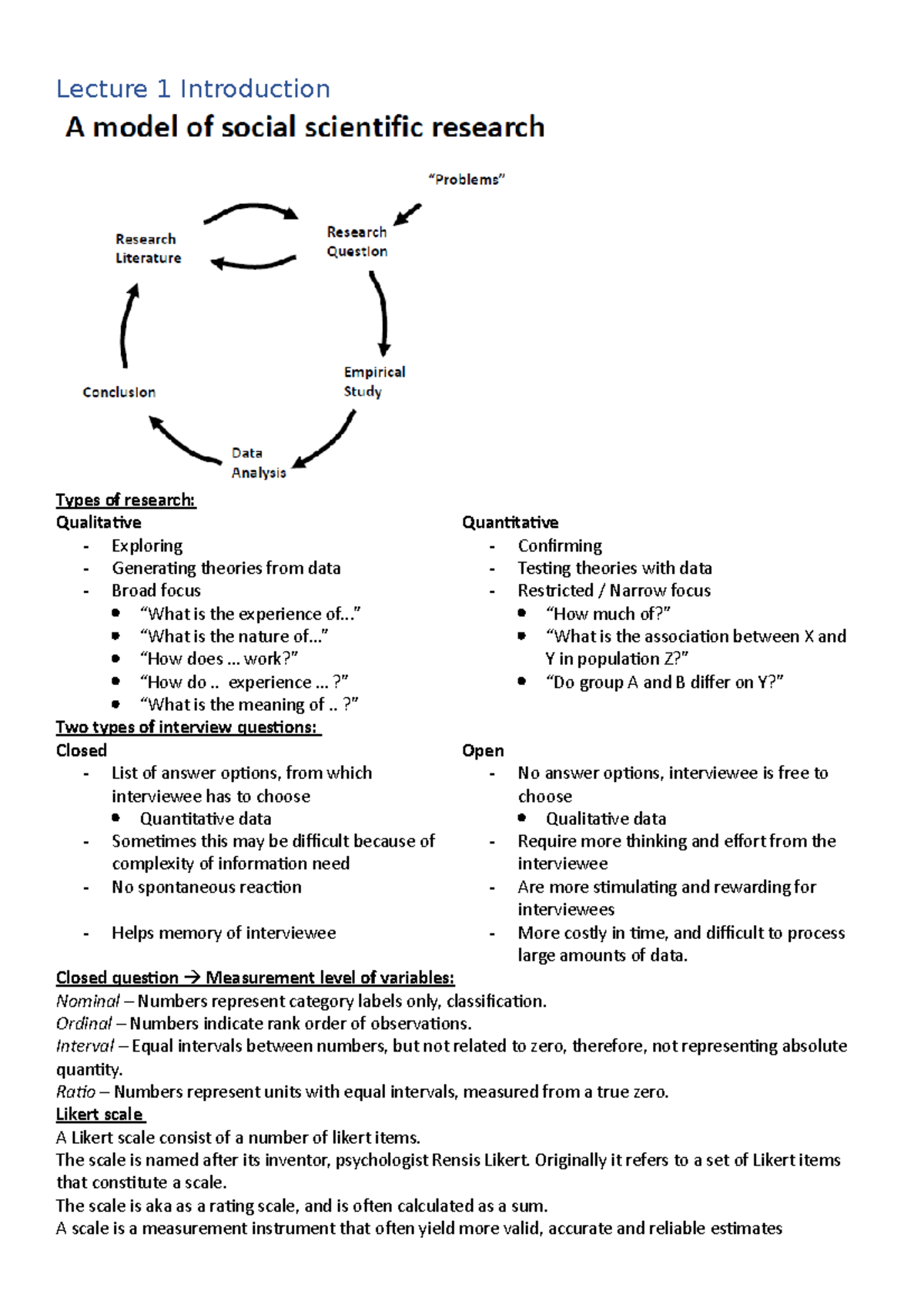 BRM - Summary Lectures - Lecture 1 Introduction Types of research: Qualitative - Exploring ...