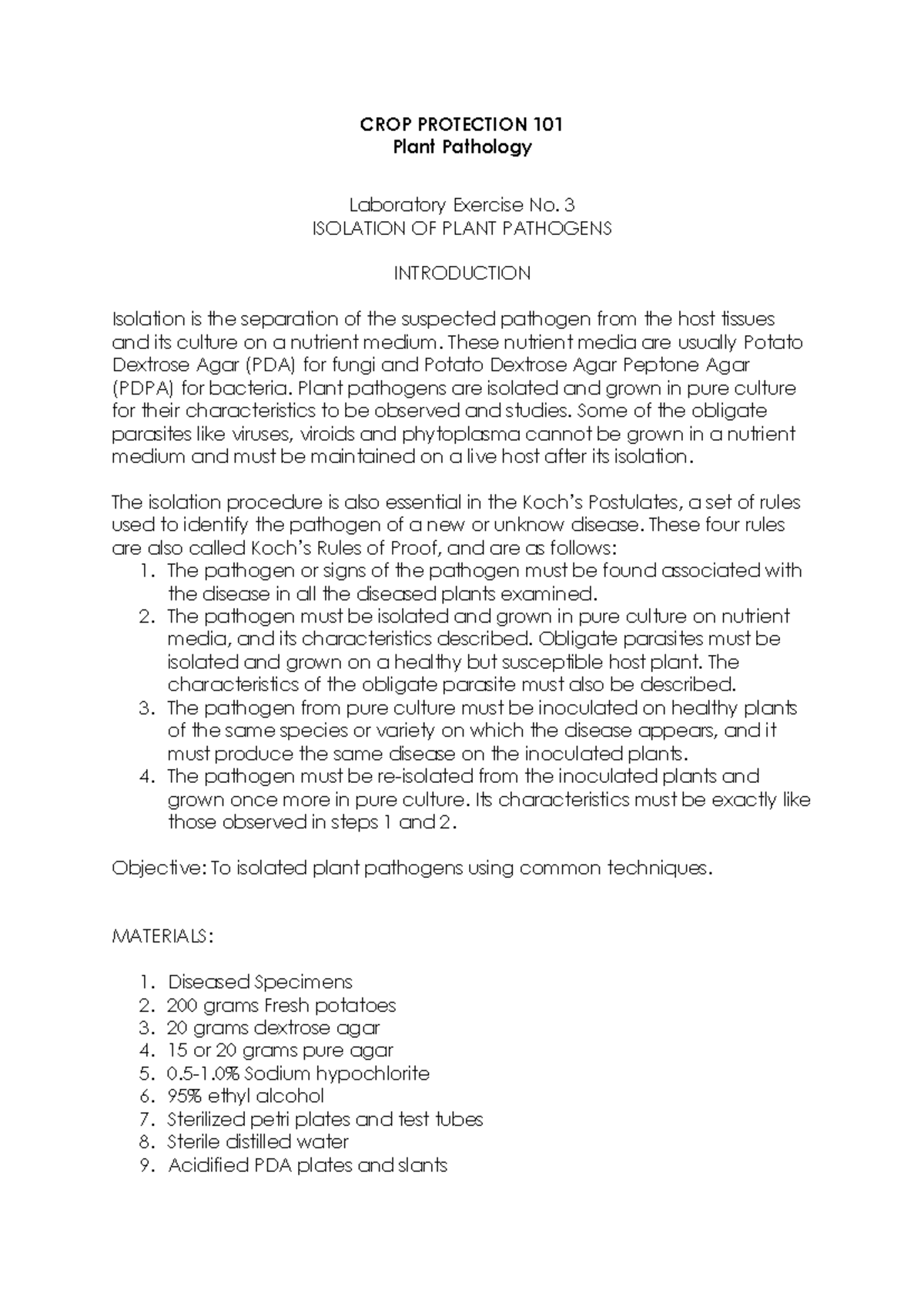 Lab-exer-3 - Isolation of pathogens - CROP PROTECTION 101 Plant ...