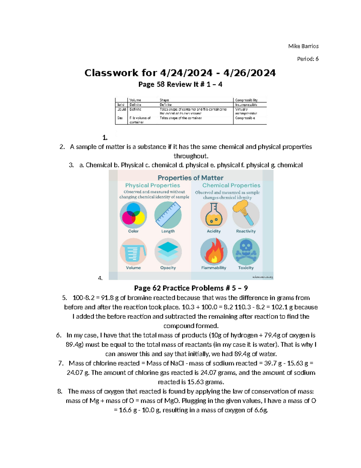 Classwork for Chemistry - Mike Barrios Period: 6 Classwork for 4/24/2024 - 4/26/ Page 58 Review ...