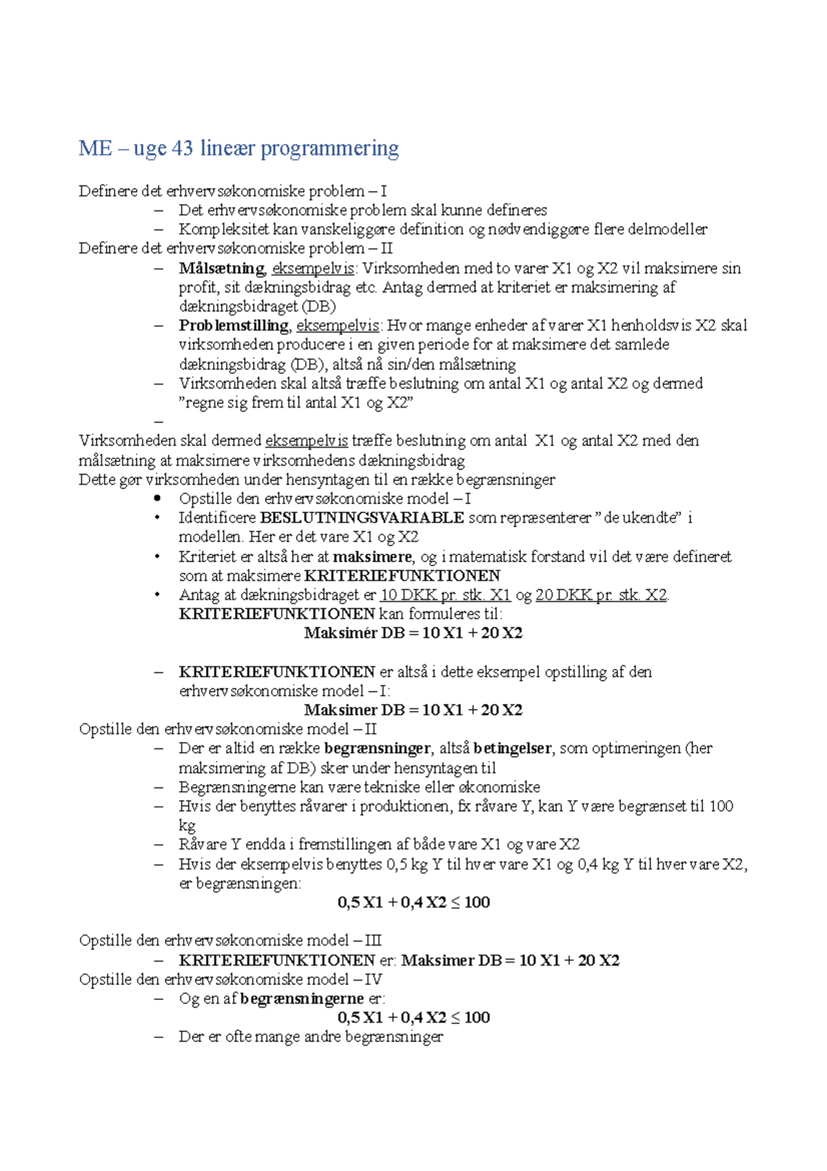 ME - uge 43 noter - Me1258 - ME – uge 43 lineær programmering Definere ...