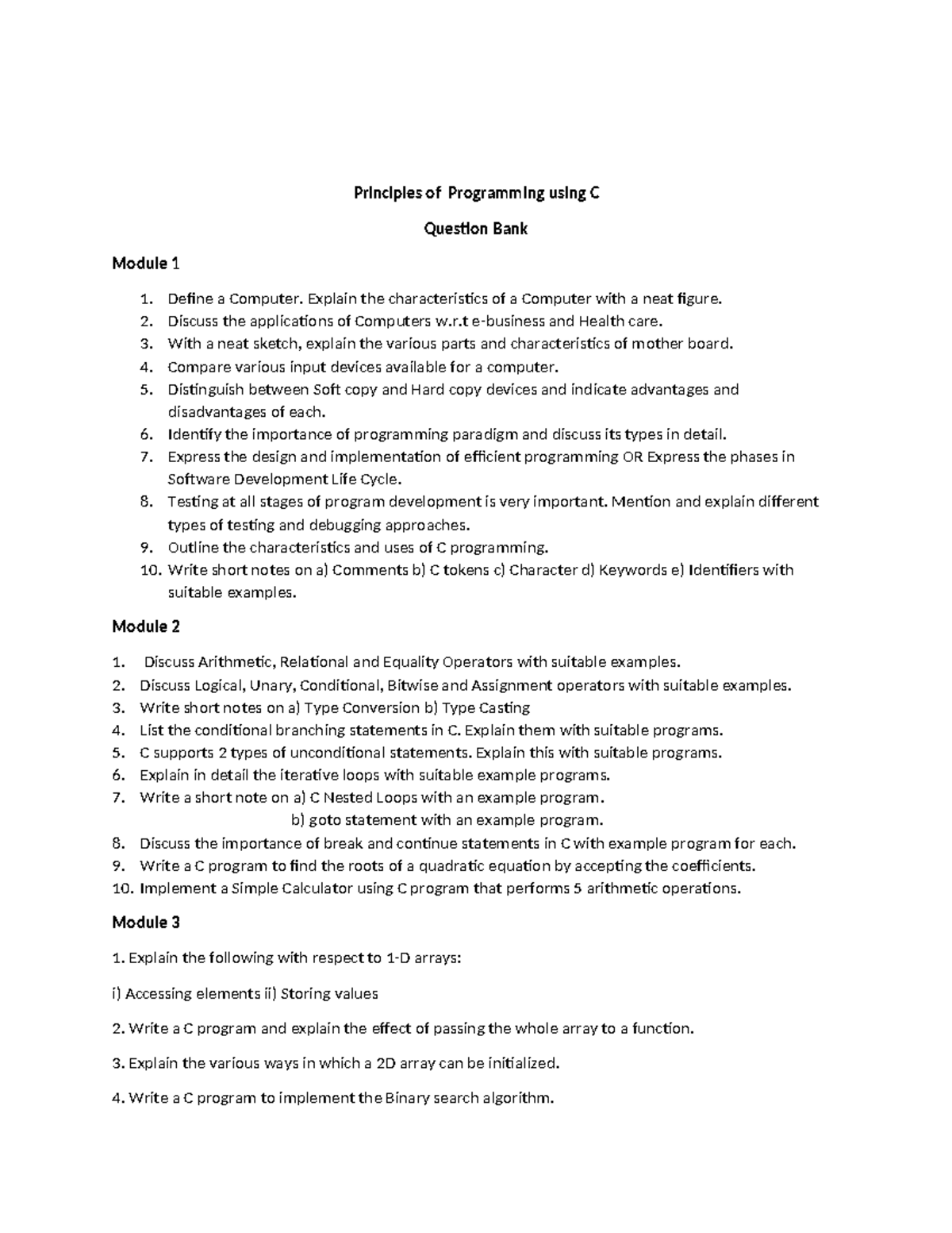 Pop qb - HELPS ALOTT - Principles of Programming using C Question Bank Module 1 Define a ...