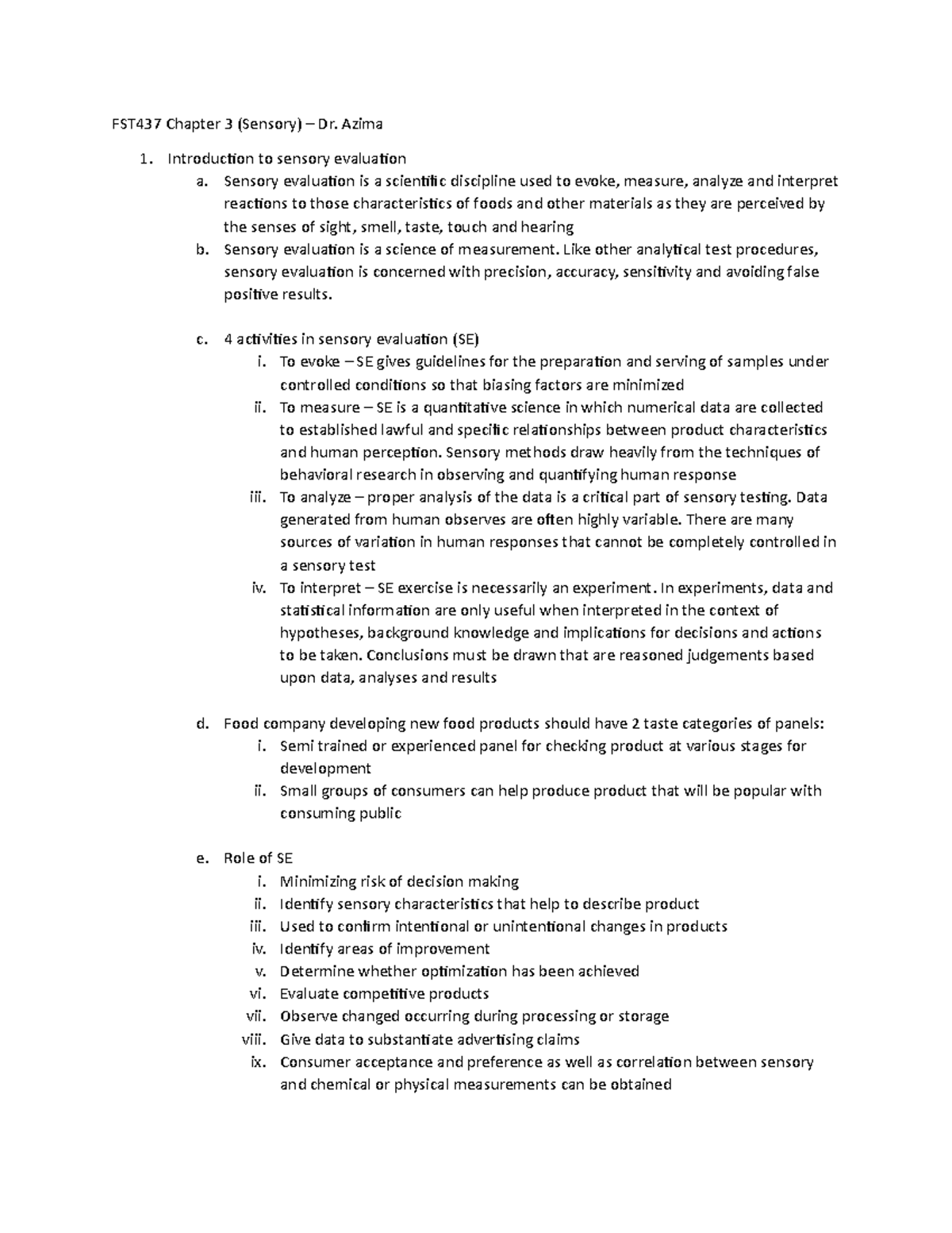 Chapter 3 - Sensory Evaluation Stage - FST437 Chapter 3 (Sensory) – Dr ...