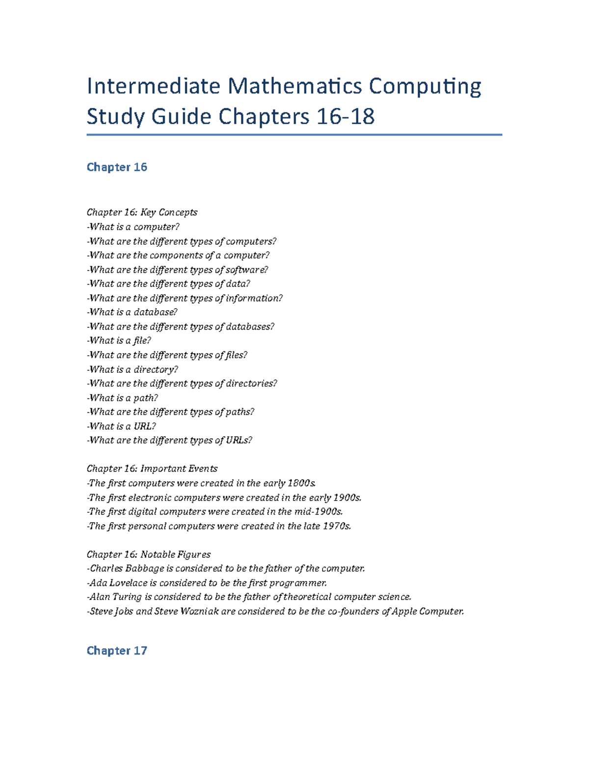 Intermediate Mathematics Computing Study Guide Chapters 16-18 ...
