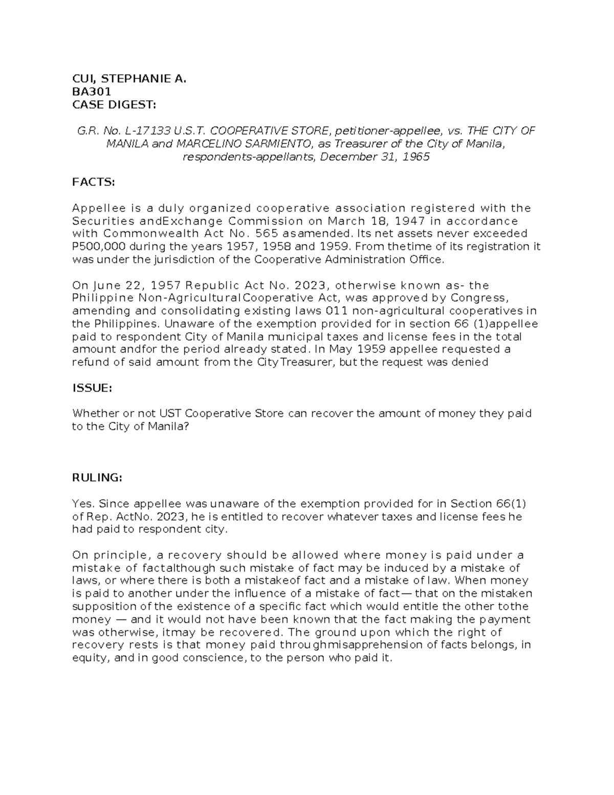 CASE Digest ( CASE DIGEST) - CUI, STEPHANIE A. BA CASE DIGEST: G. No. L ...