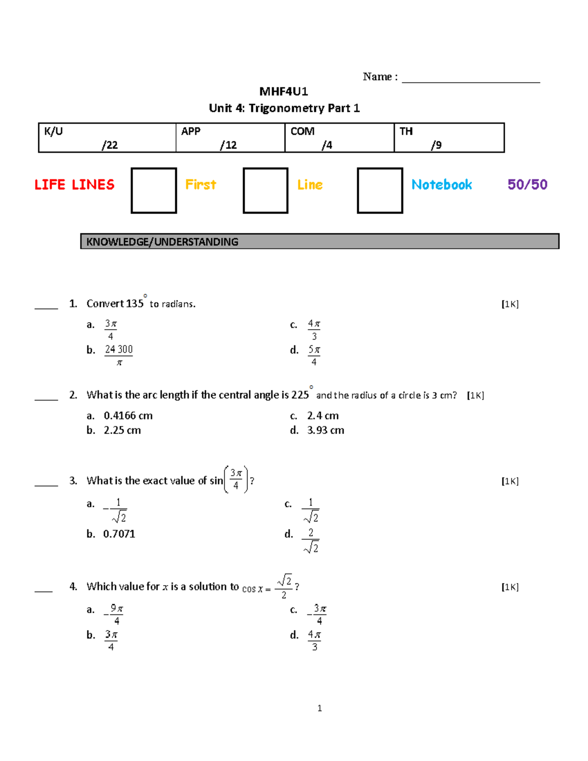 Test 4 trig part 1 - test - Name : ________________________ MHF4U Unit ...