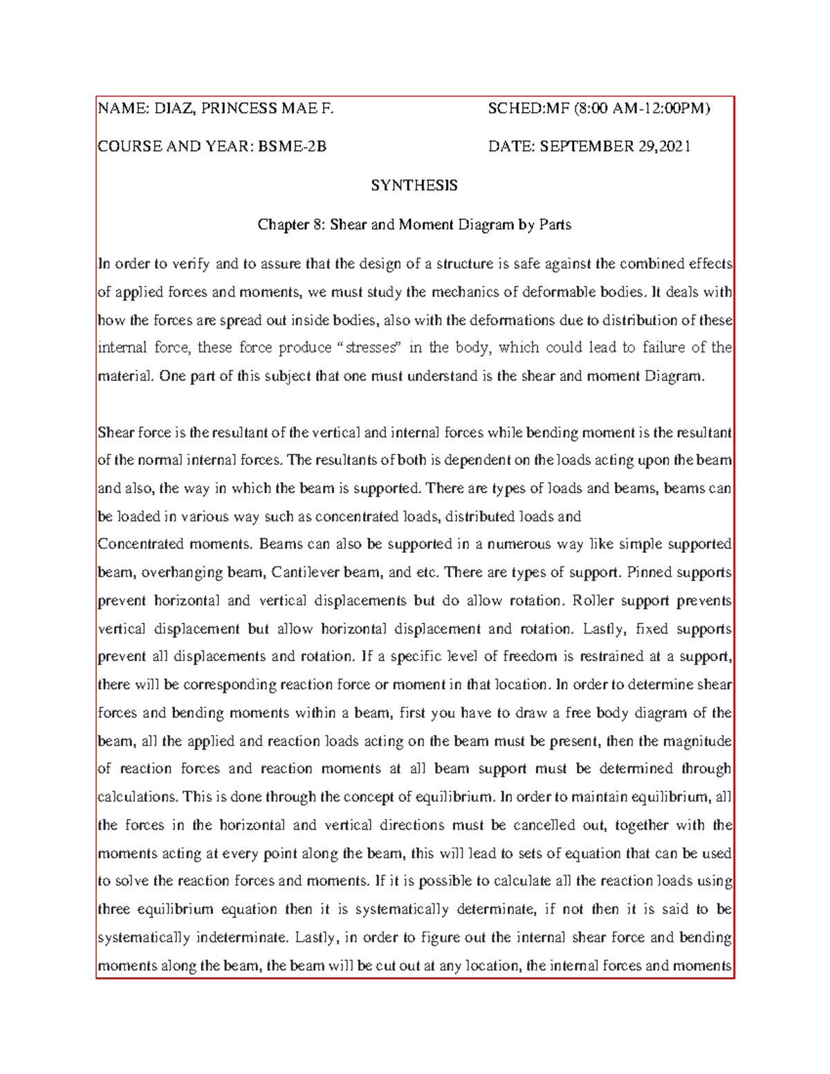 Synthesis-Chapter-8 - Synthesis - NAME: DIAZ, PRINCESS MAE F. SCHED:MF ...