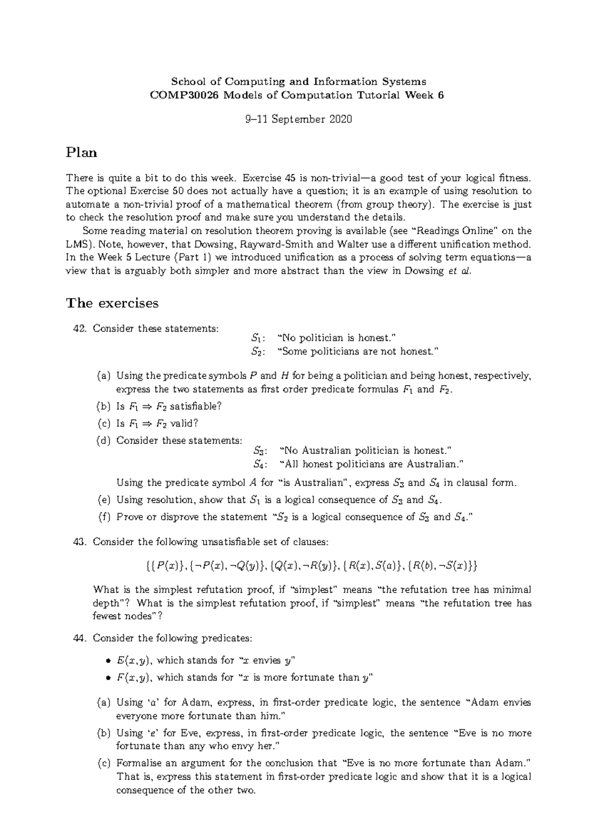 Week06 - week6 - School of Computing and Information Systems COMP30026 Models of Computation ...