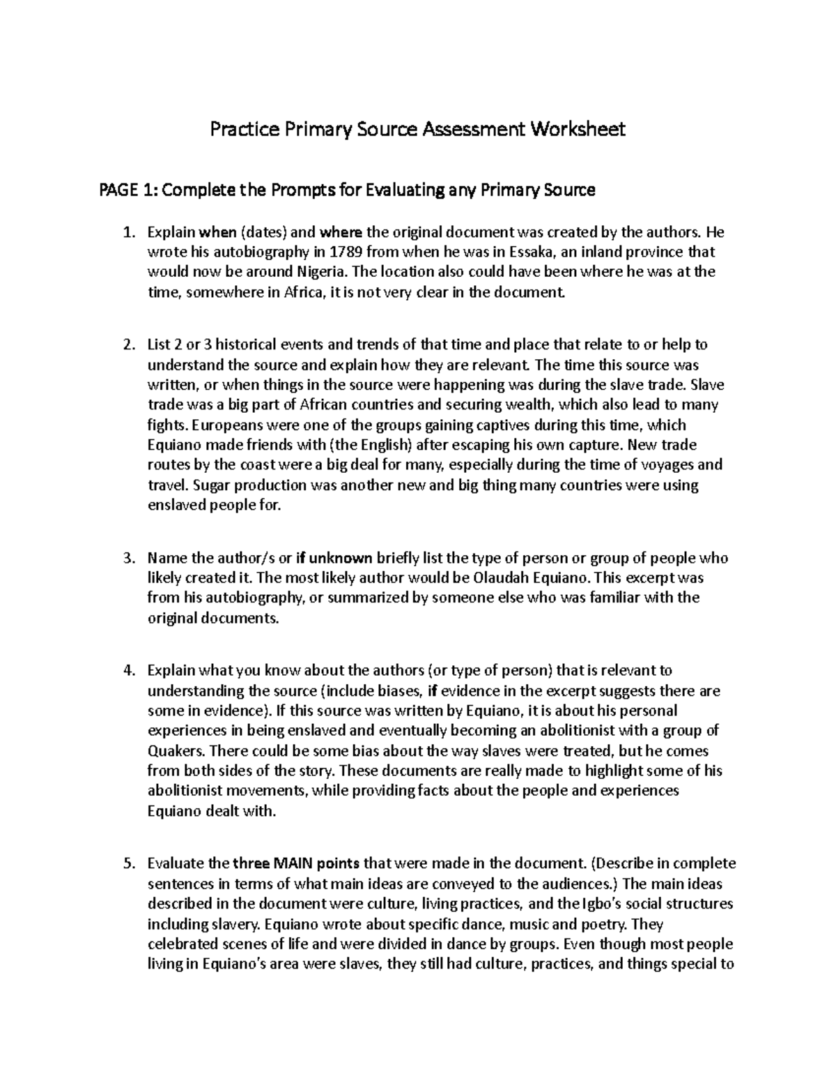 PSA worksheet Olaudah Equiano - Practice Primary Source Assessment ...