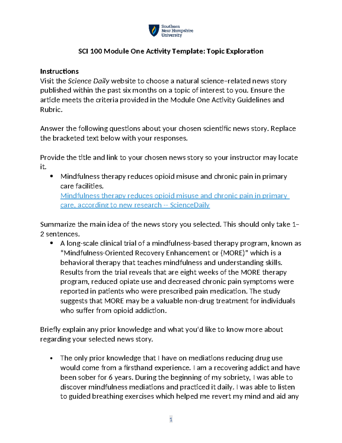 SCI 100 Module One Activity Template - Ensure the article meets the ...