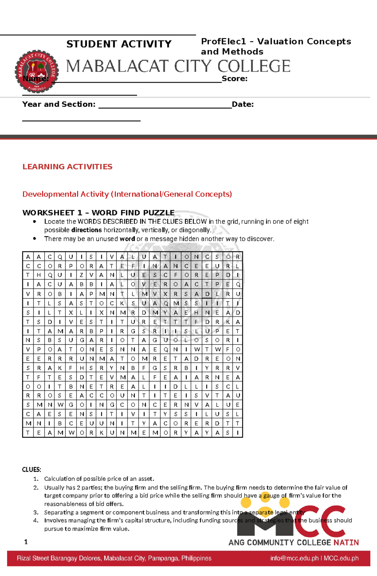 Student Activity Sheet 1 - STUDENT ACTIVITY SHEET Course code – Course ...