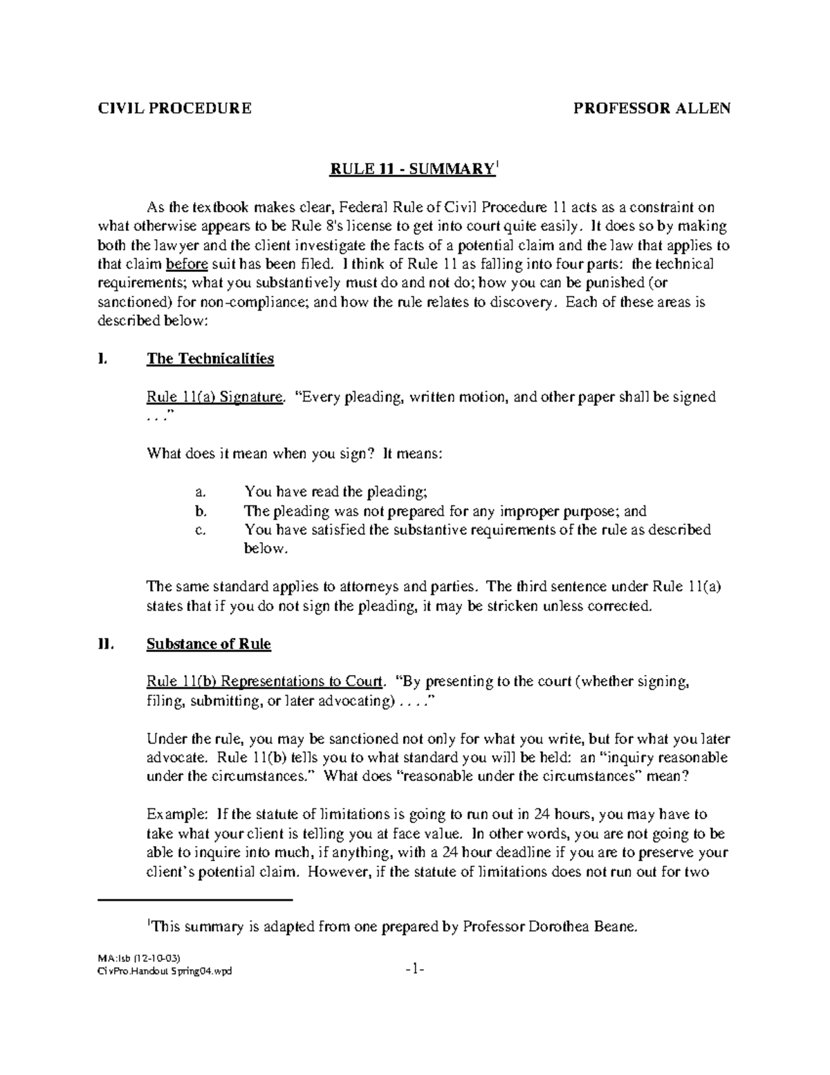 Rule 11 Handout Foundations of Law - 1 This summary is adapted from one ...