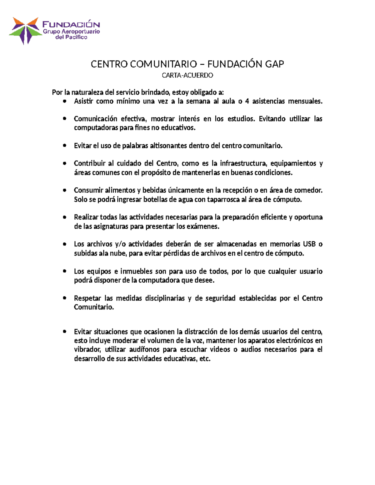 Acuerdos del centro - CENTRO COMUNITARIO – FUNDACIÓN GAP CARTA-ACUERDO ...