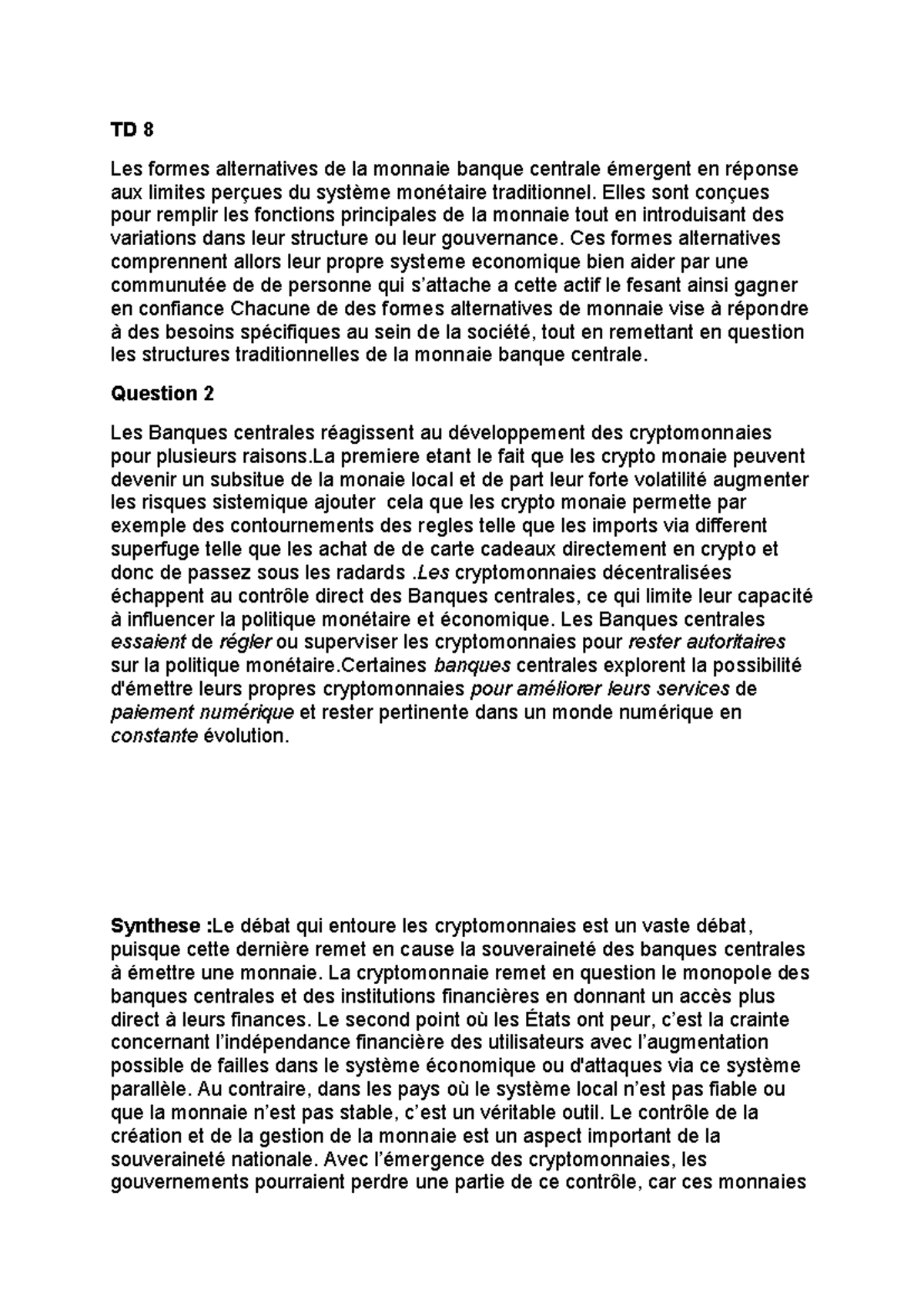 Td8 - td8 correction - TD 8 Les formes alternatives de la monnaie banque centrale émergent en ...