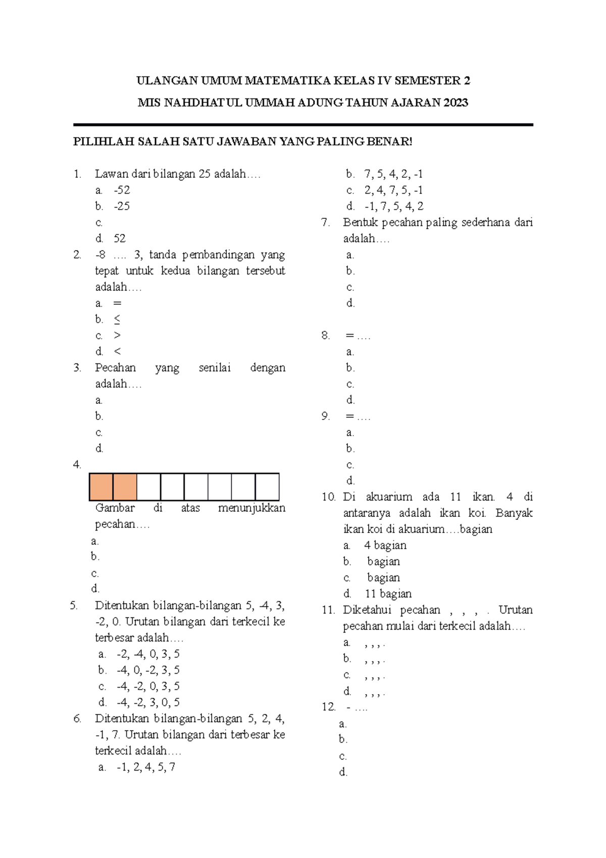 Ulangan UMUM Matematika Kelas IV Semester 2 - ULANGAN UMUM MATEMATIKA ...