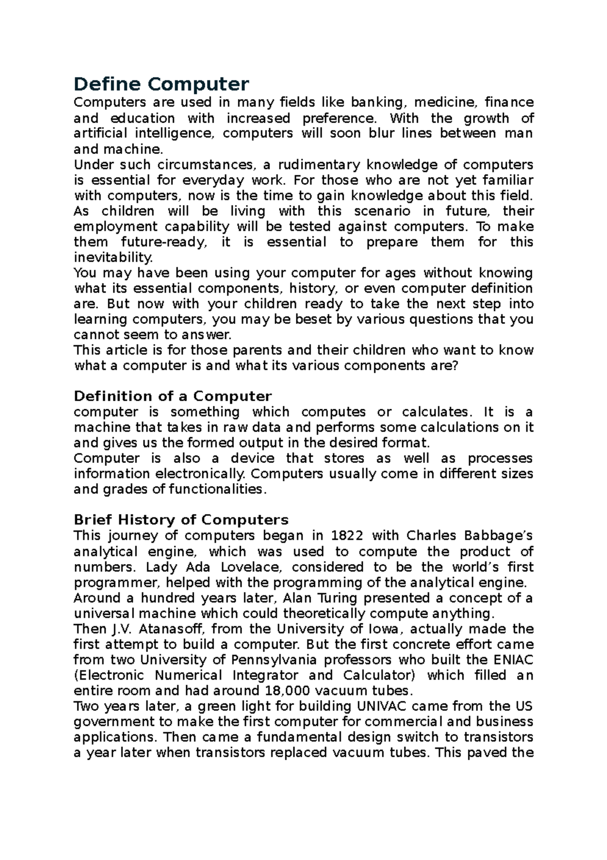 Computer 1 - block diagram - Define Computer Computers are used in many ...