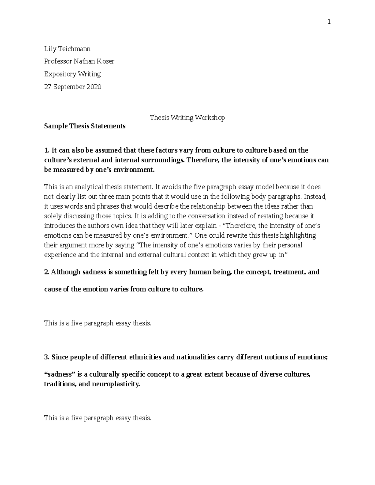 Thesis Writing Workshop 2020 - 1 Lily Teichmann Professor Nathan Koser ...