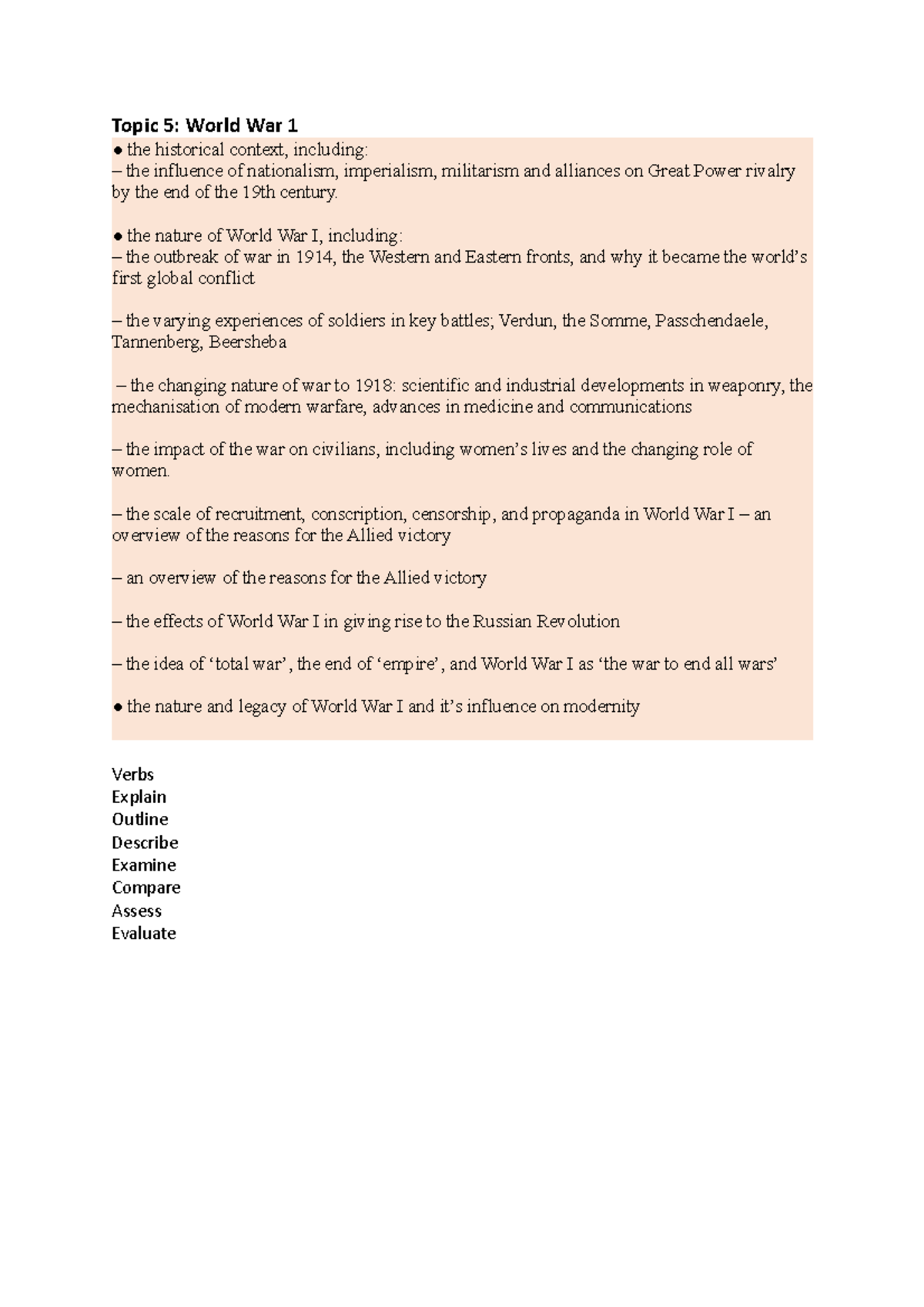 WW1 notes - Topic 5: World War 1 the historical context, including: the ...