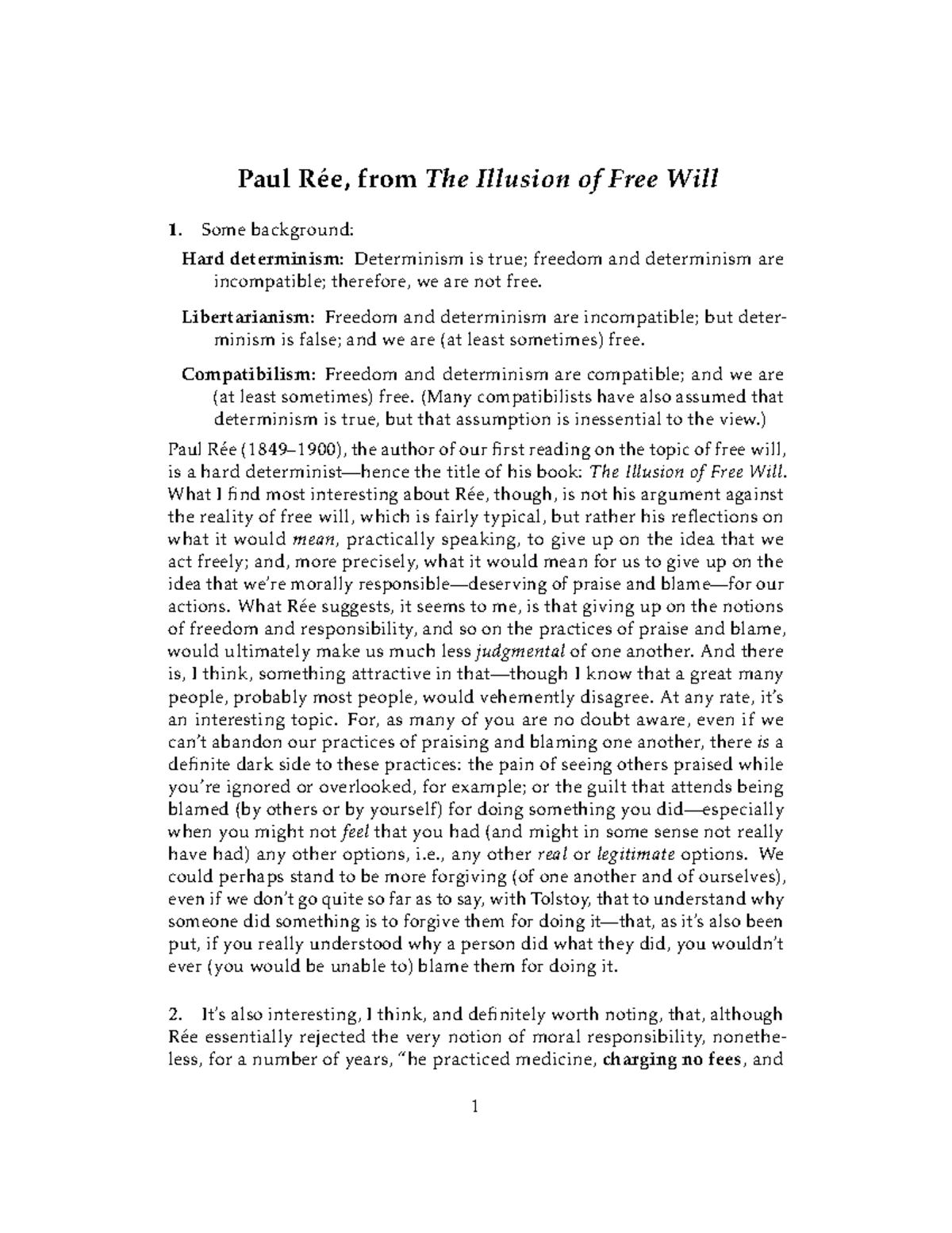 Handout - Rée - reading notes - Paul Rée, from The Illusion of Free ...