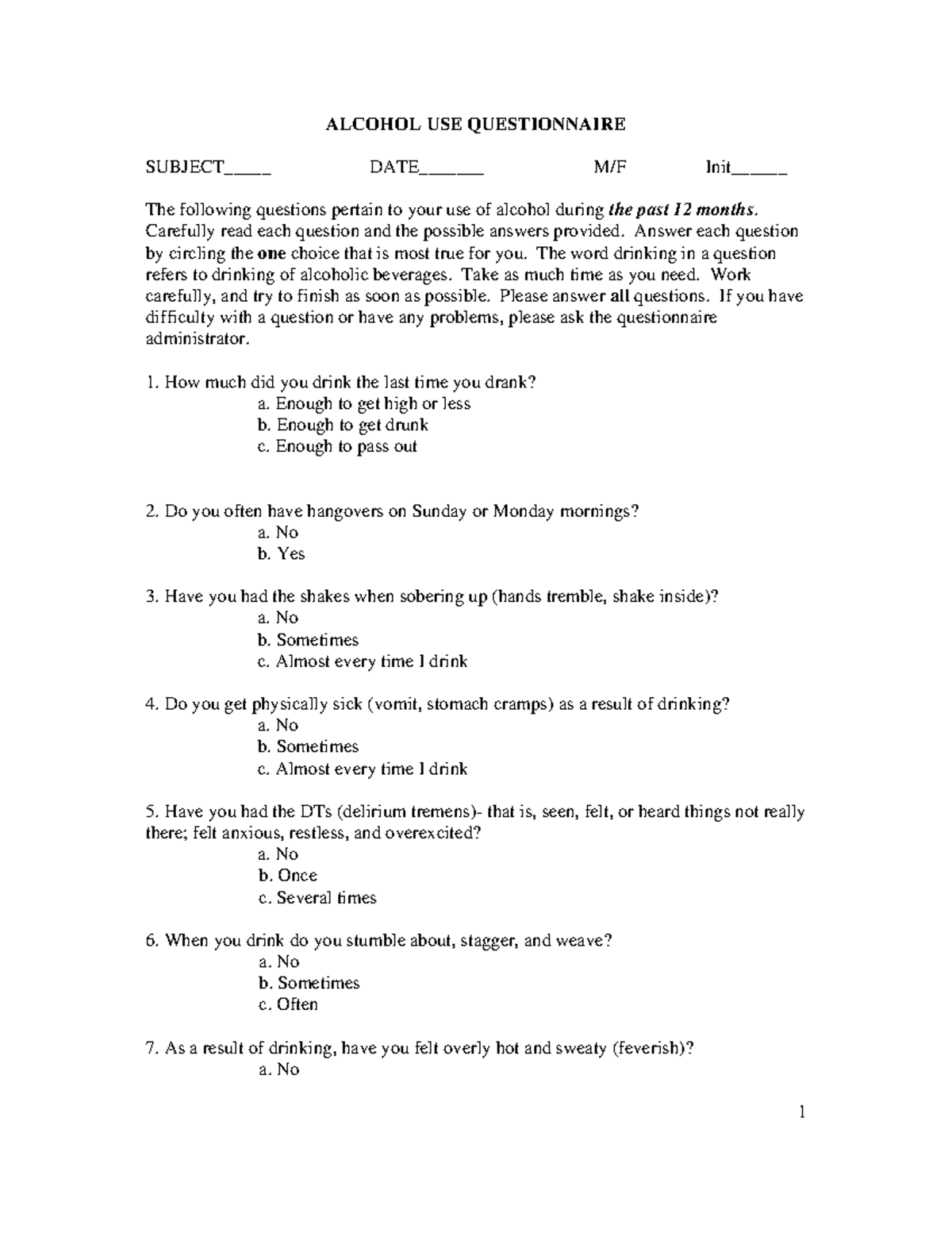 ADS & Scoring Key - etc - ALCOHOL USE QUESTIONNAIRE SUBJECT_____ DATE ...
