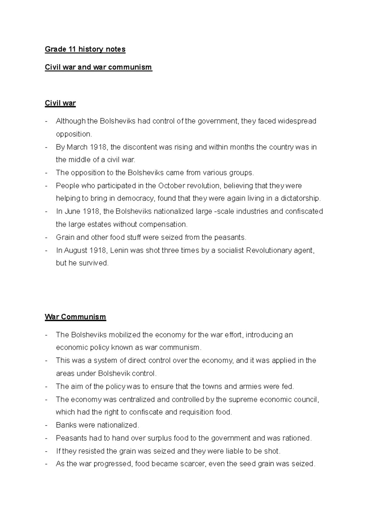 Grade 11 history notes - Grade 11 history notes Civil war and war ...