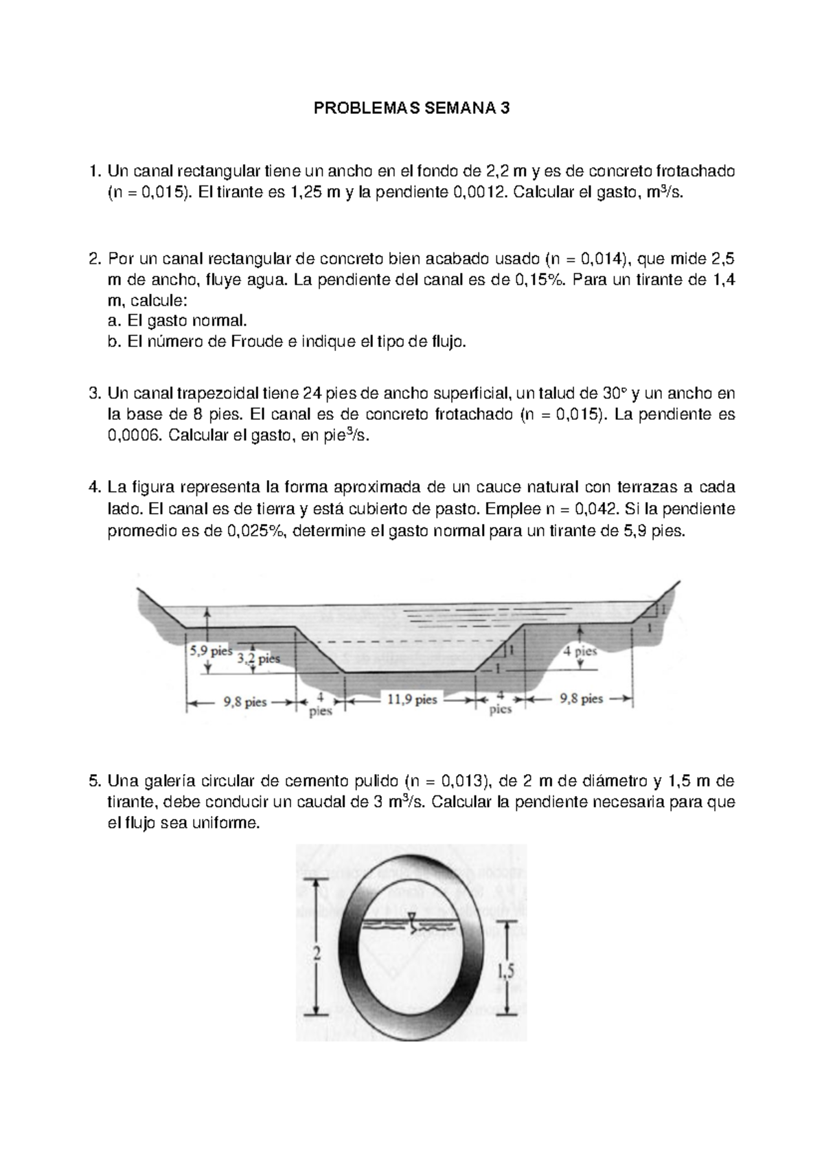 Problemas Semana 3 - PROBLEMAS SEMANA 3 Un canal rectangular tiene un ancho en el fondo de 2,2 m ...