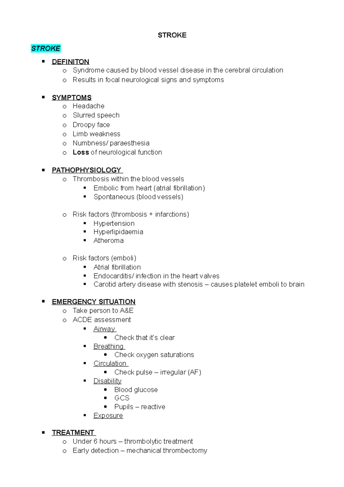 Stroke and Dementia - Lecture notes 16 - STROKE STROKE DEFINITON o ...